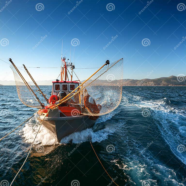 A Fishing Boat with a Net on it is in the Water Stock Image - Image of ...