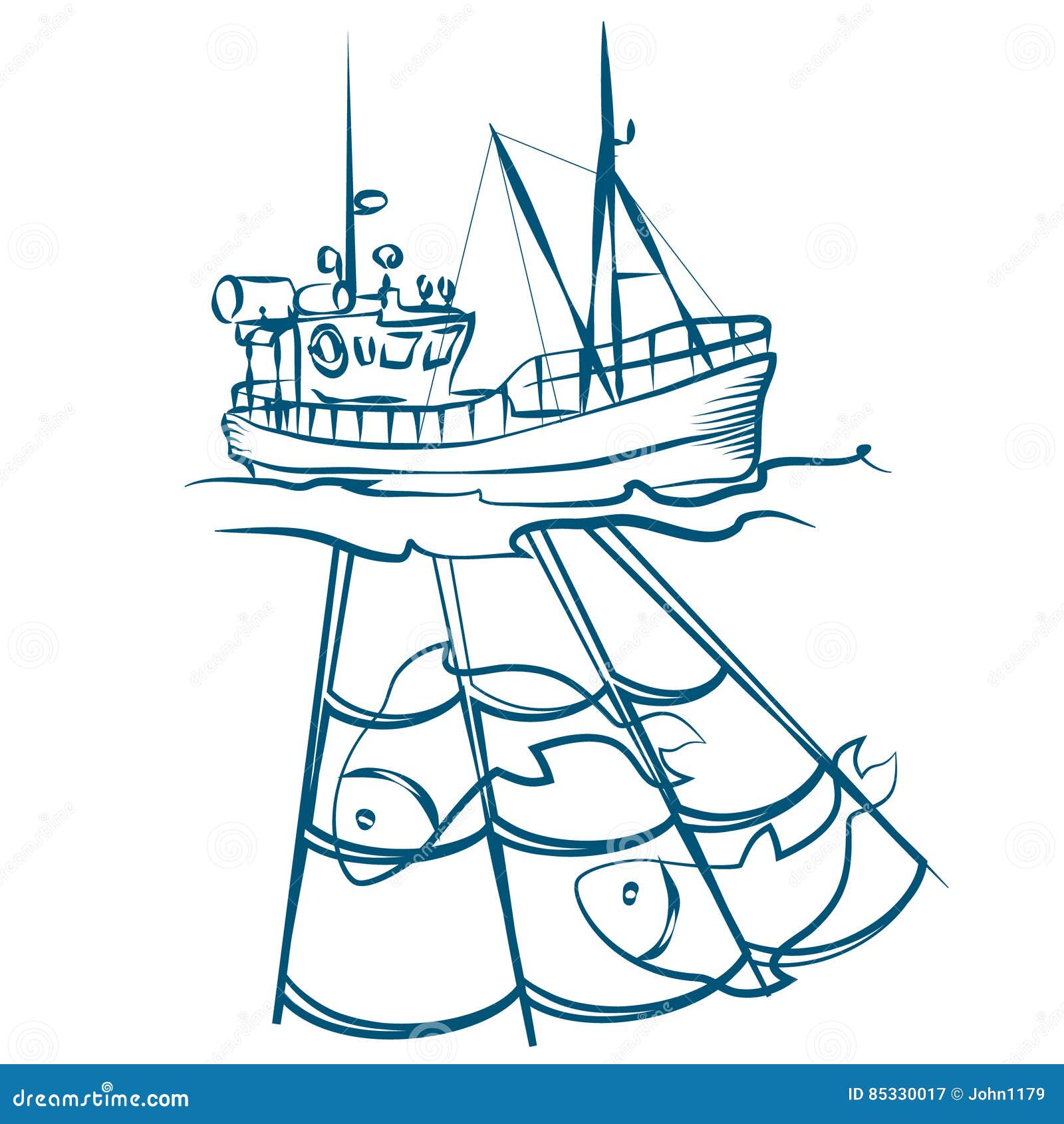 Ship With Nets Line Icon. Fising Vessel Illustration Isolated On White ...