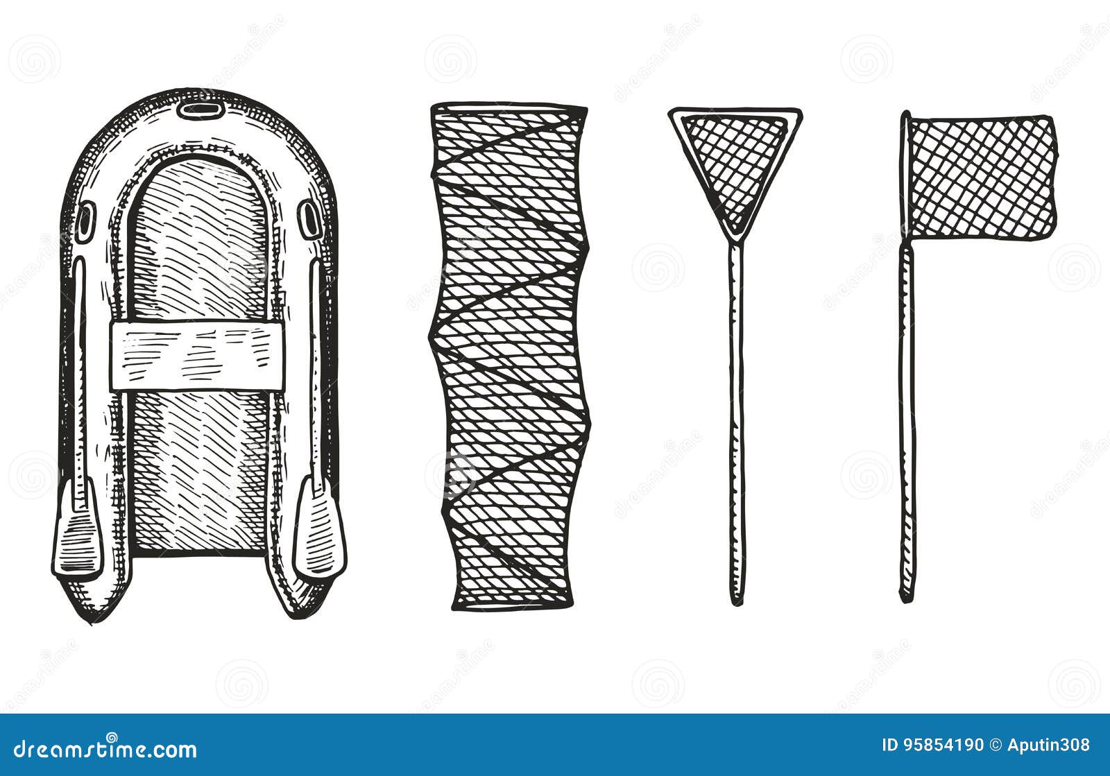 Fishing Boat and Nets Vector Hand Drawing Set Stock Vector ...