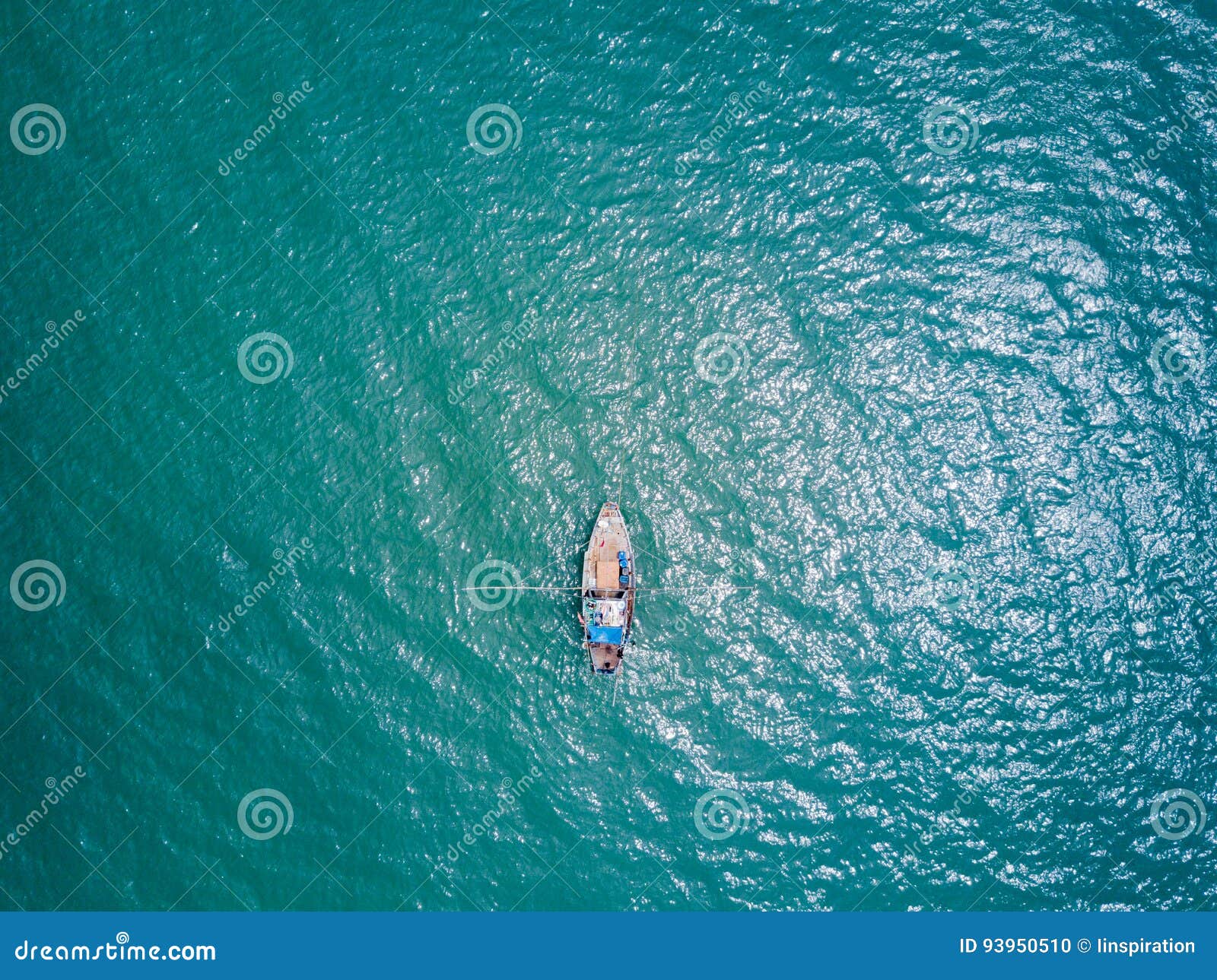Fishing Boat in the Sea. Bird Eye View from Drone Stock Photo - Image ...