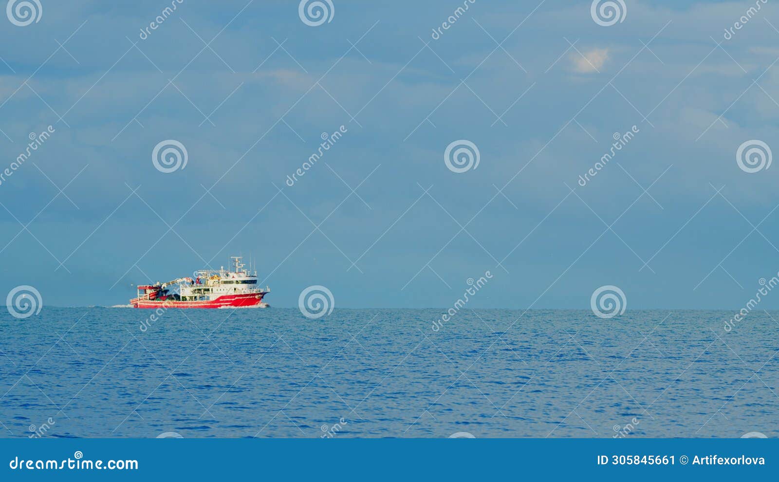 Fishing Boat on the Sea. Small Ship Floats on Sea Surface. Static View ...