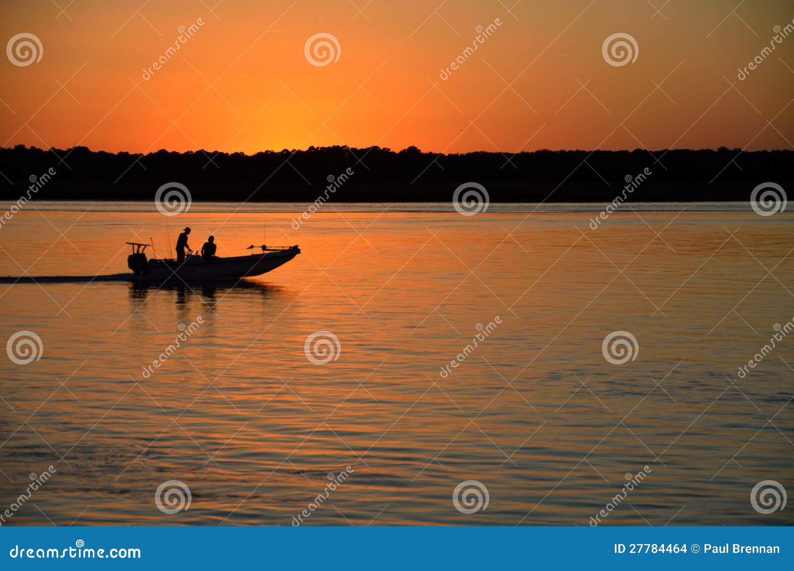 Fishing Boat on Sunset River Stock Photo - Image of recreational ...