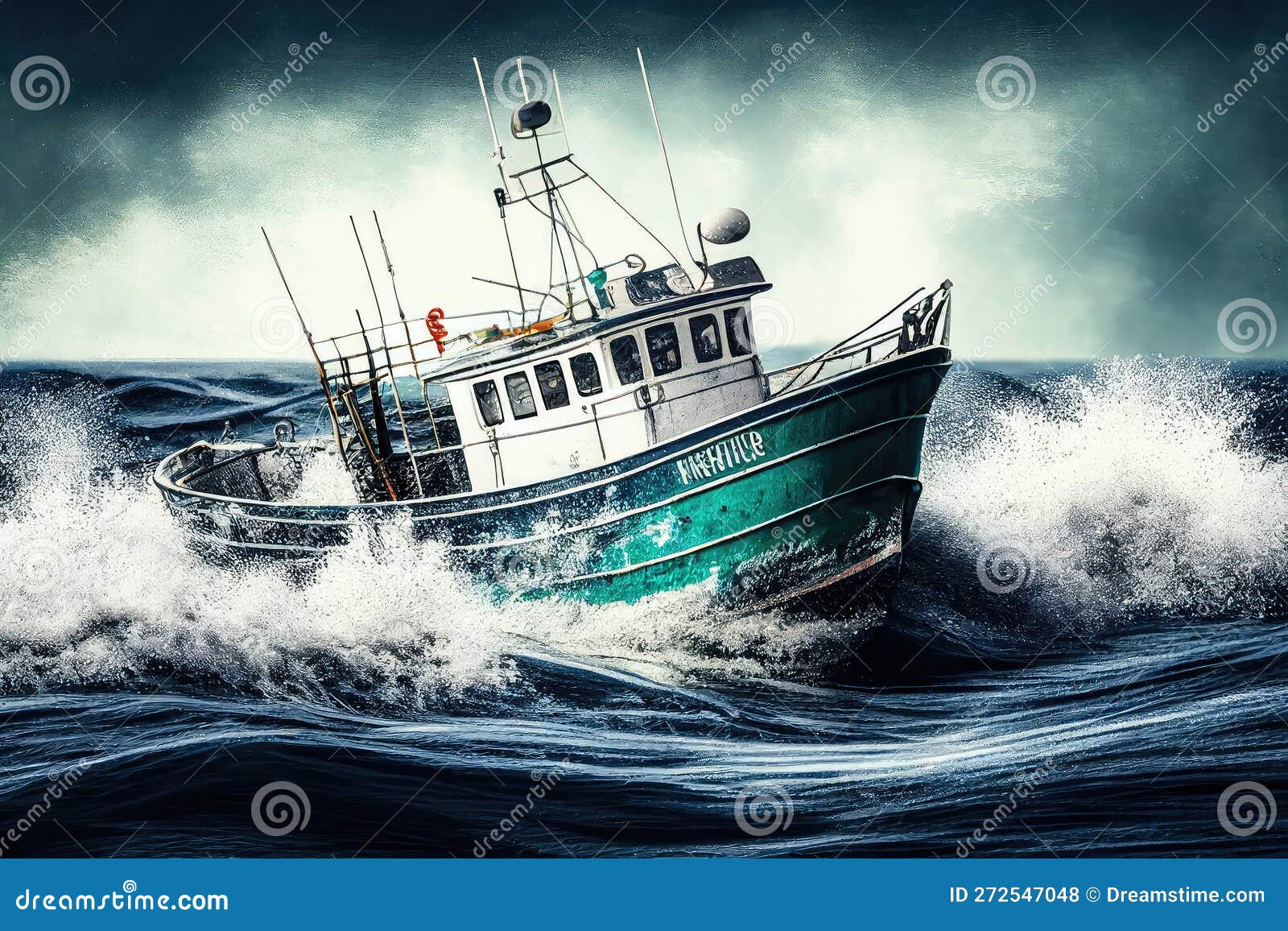 Fishing Boat on Waves during Storm. Generative AI Stock Illustration ...
