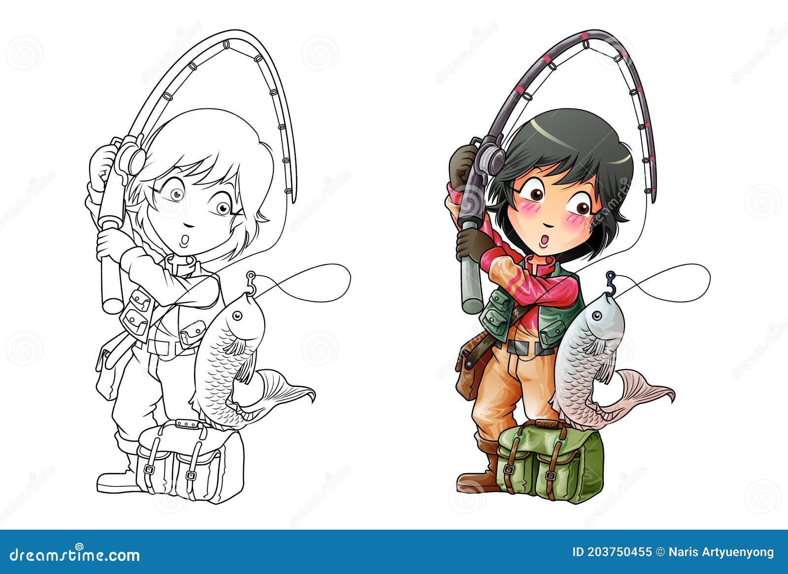 Fishing Cartoon Coloring Page Stock Vector - Illustration of design ...
