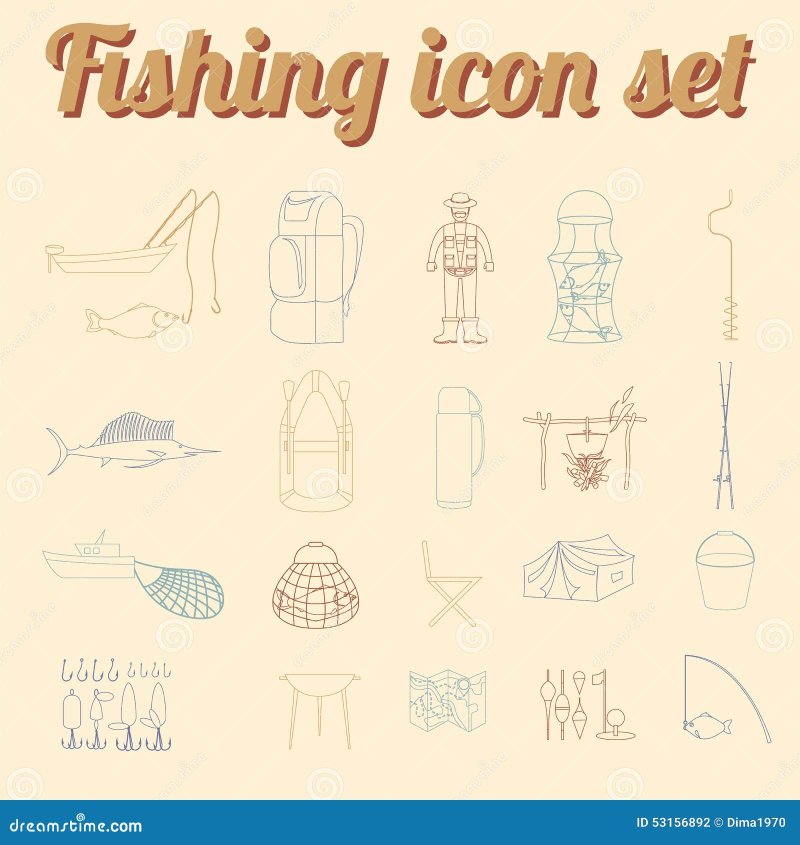 Fishing Equipment Icon Set. Outline Version Stock Vector - Illustration ...