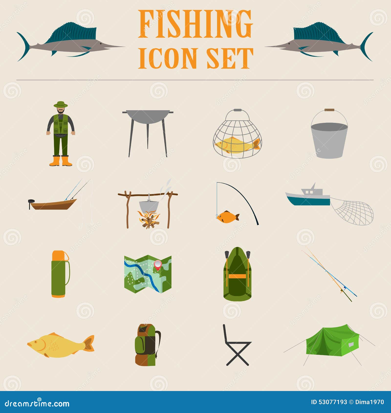 Fishing equipment icon set stock vector. Illustration of equipment ...