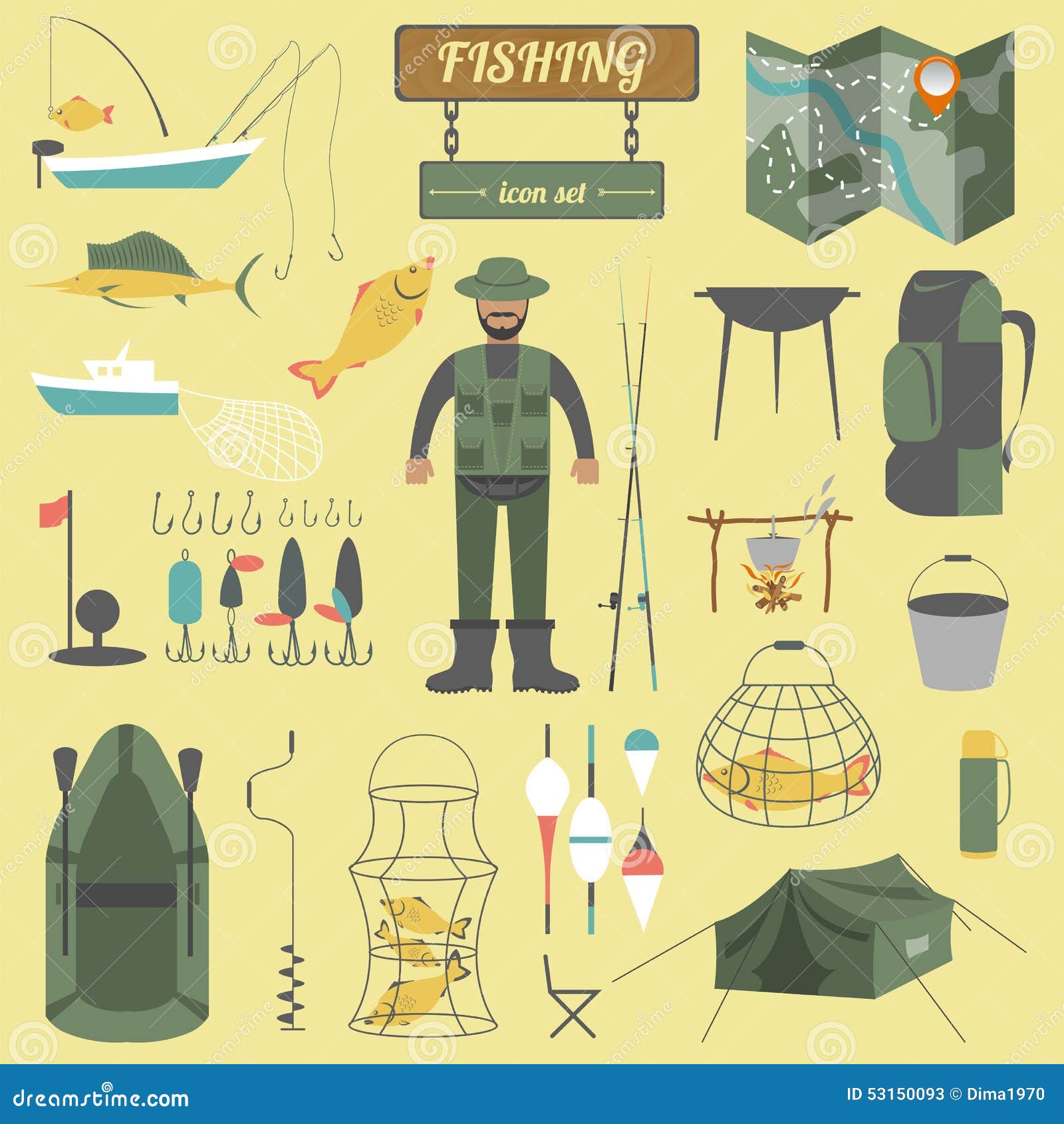 Fishing equipment icon set stock vector. Illustration of blast - 53150093