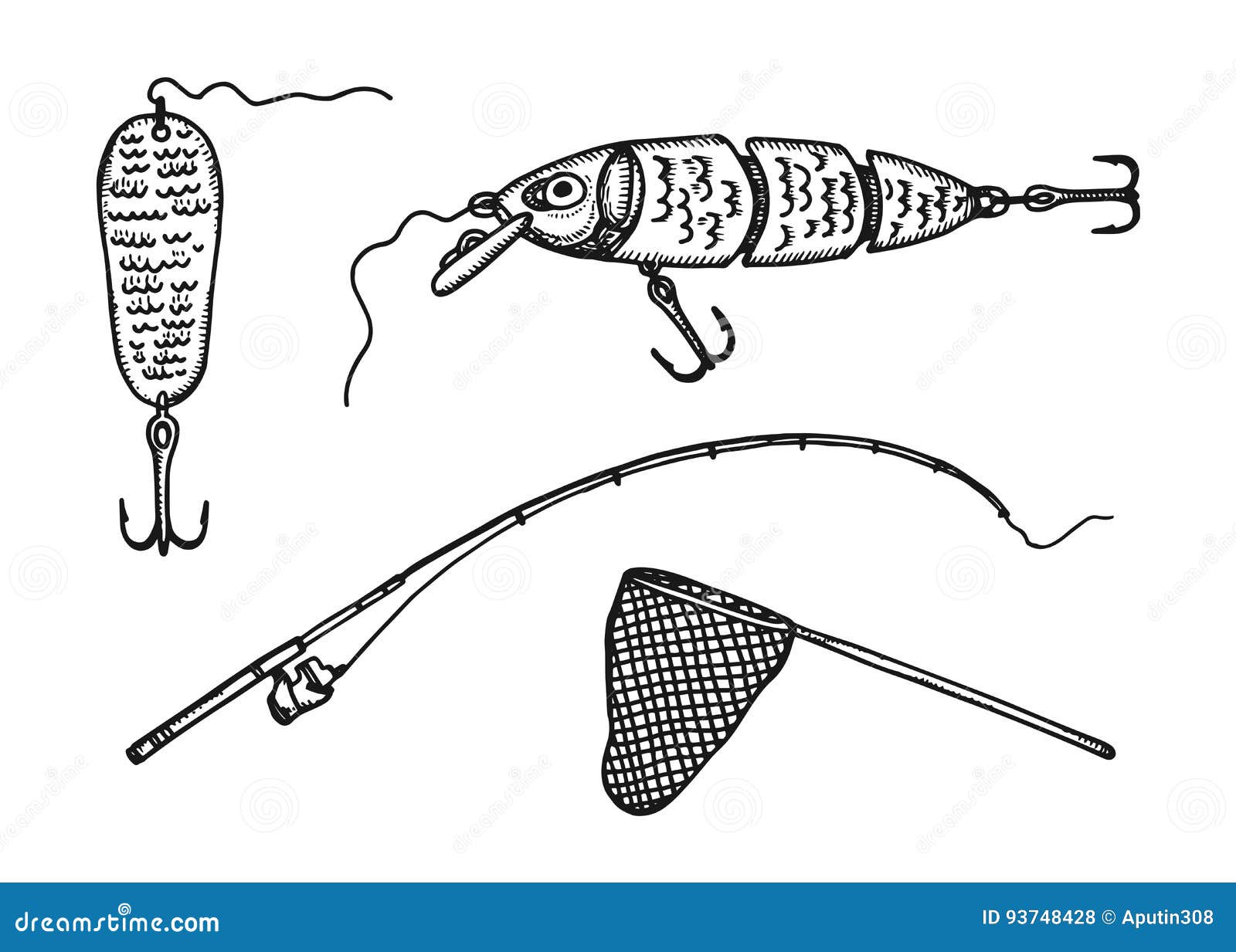 Fishing Gear. Vector Vintage Sketch Stock Vector - Illustration of reel ...