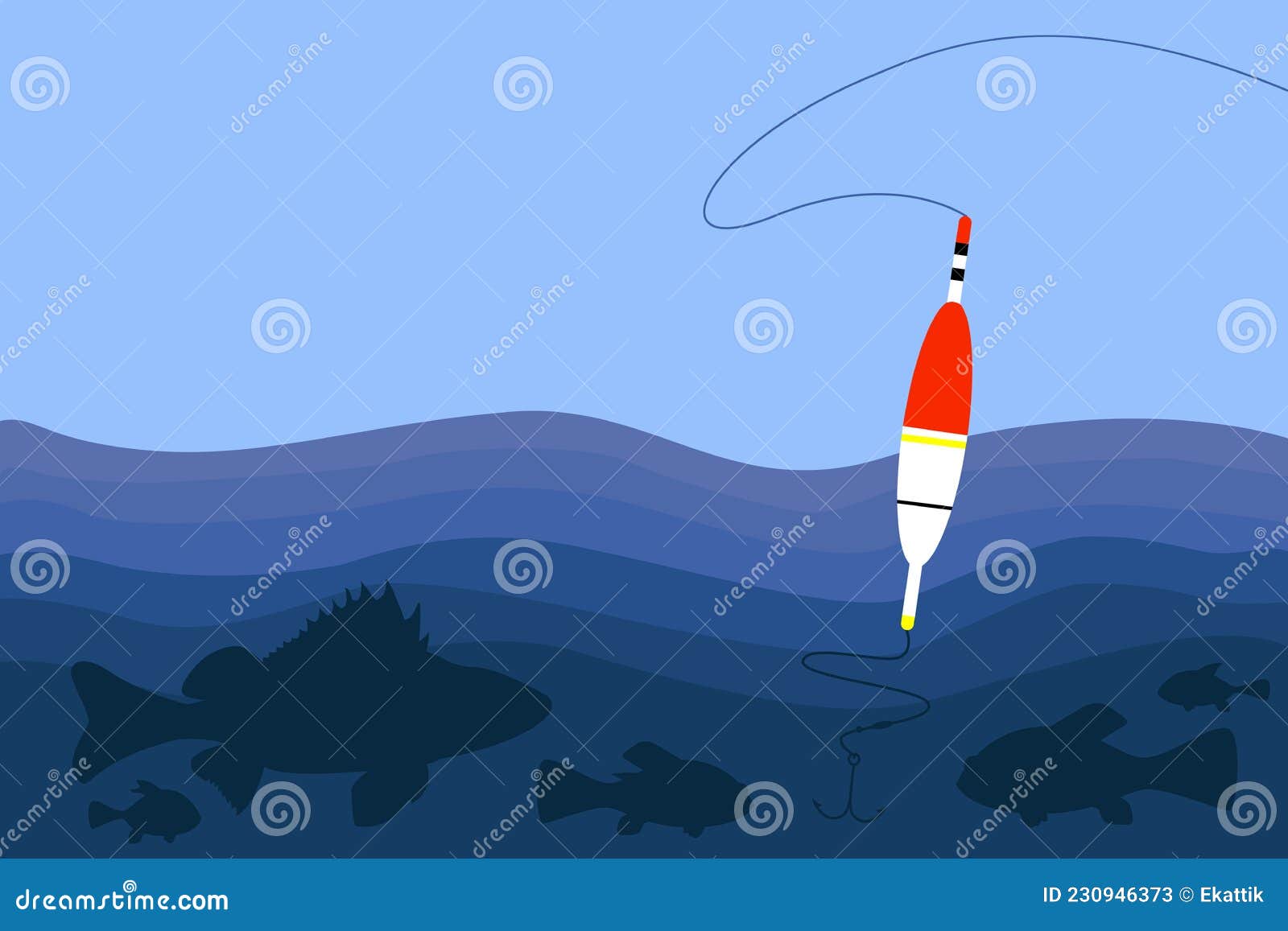 Fishing Hook Float and Fish in Water. Sea Fishing Banner Design. Vector ...