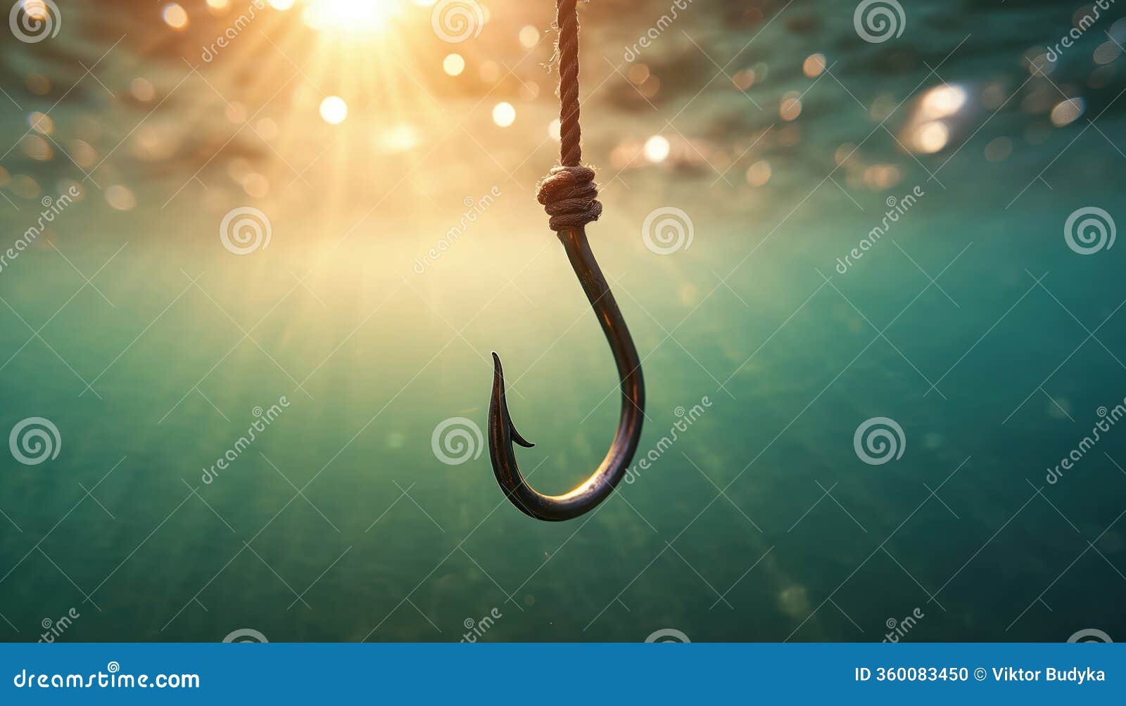 Fishing Hook on String Underwater. Clear Sea Water Background with Sun ...