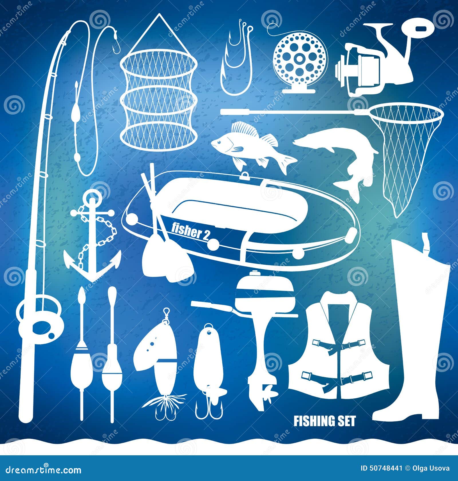 Fishing icon set stock vector. Illustration of boat, fish - 50748441