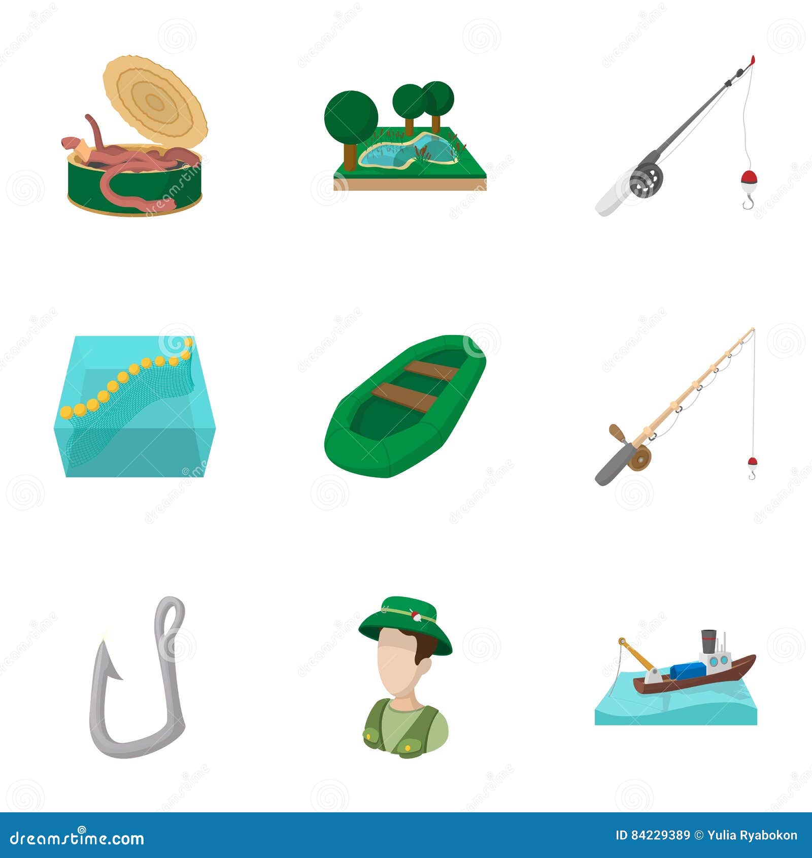 Fishing Icons Set, Cartoon Style Stock Vector - Illustration of lake ...