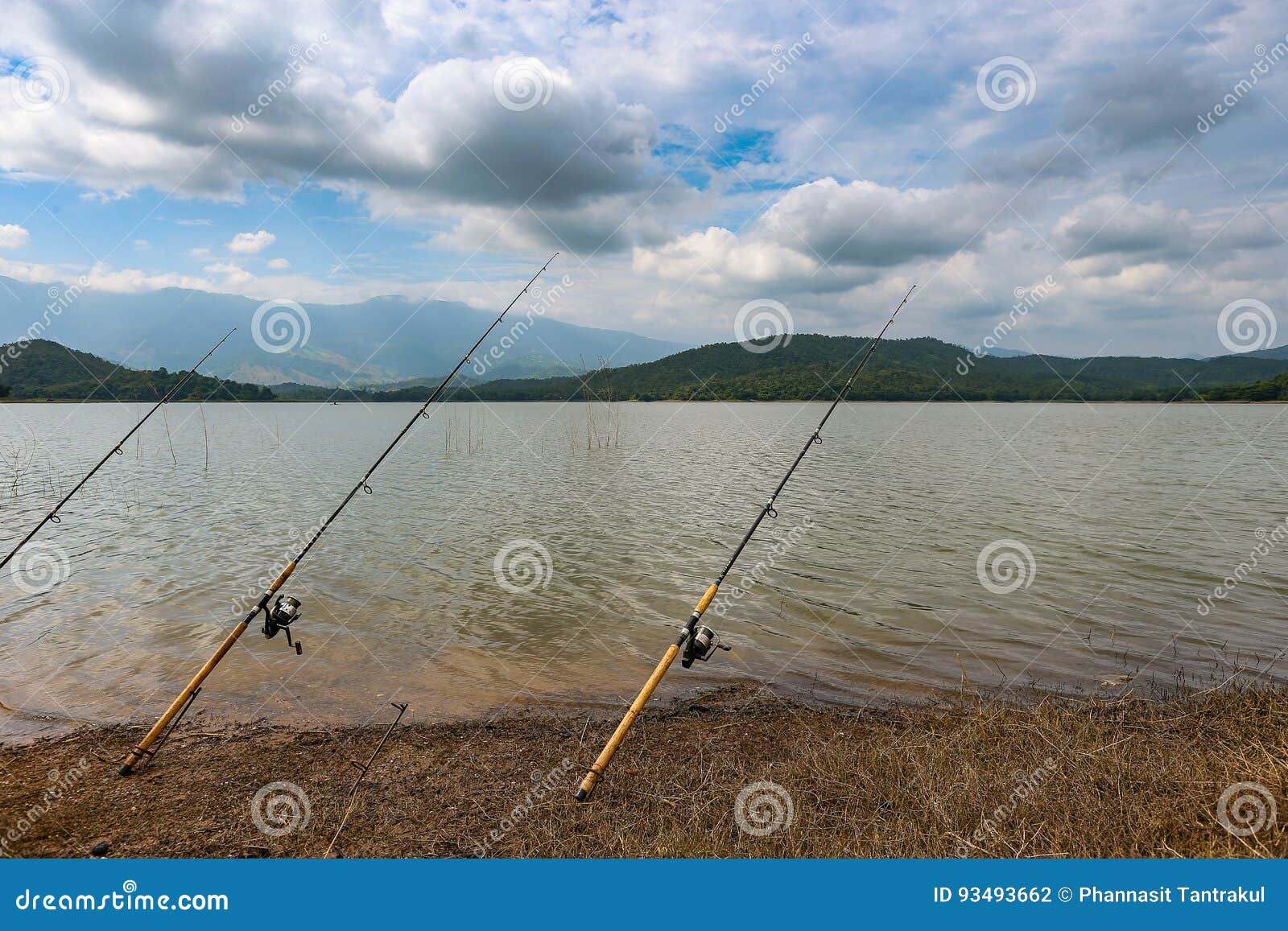 Fishing Lakeside. stock photo. Image of pole, mountain - 93493662
