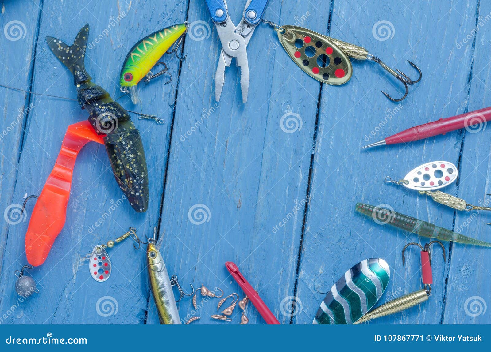 Fishing Lures and Tools are in the Form of a Circle. Space for the ...