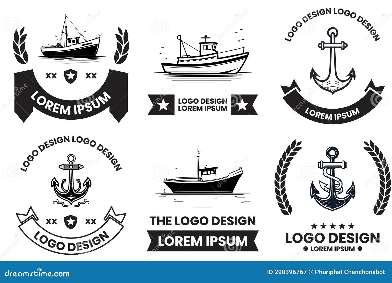 Fishing and Maritime Logo in Flat Line Art Style Stock Vector ...