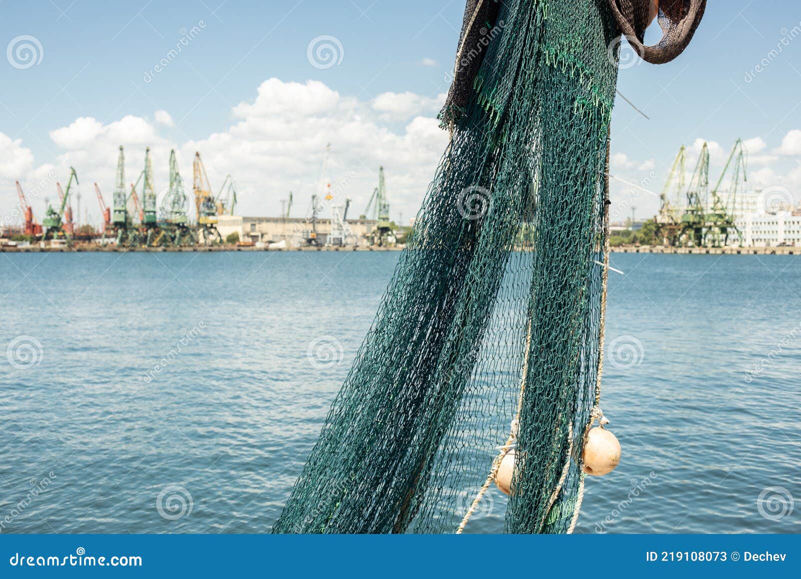 Fishing Net Hanging on Board on Fishing Boat Docked in the Harbor Stock ...