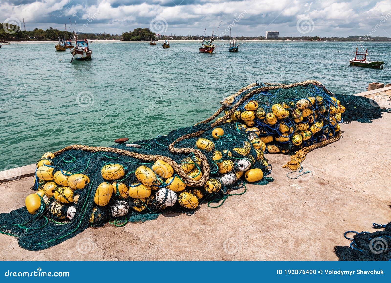 Fishing nets and boats stock photo. Image of catch, fish - 192876490