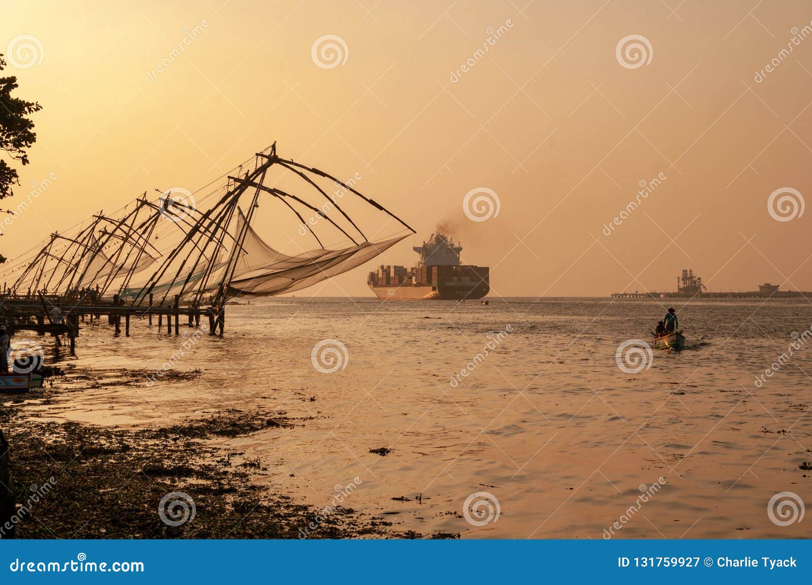 Chinese Fishing Nets in Cochi, Kerala, India, with Container Vessel in ...