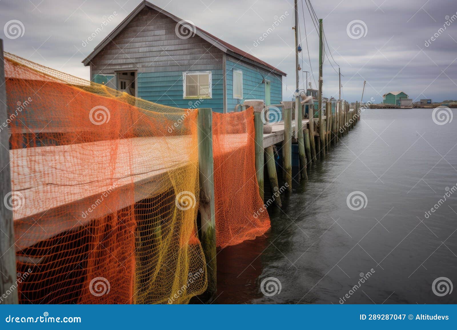 Fishing Nets Draped Over Dock Railing Near Ocean Stock Image - Image of ...
