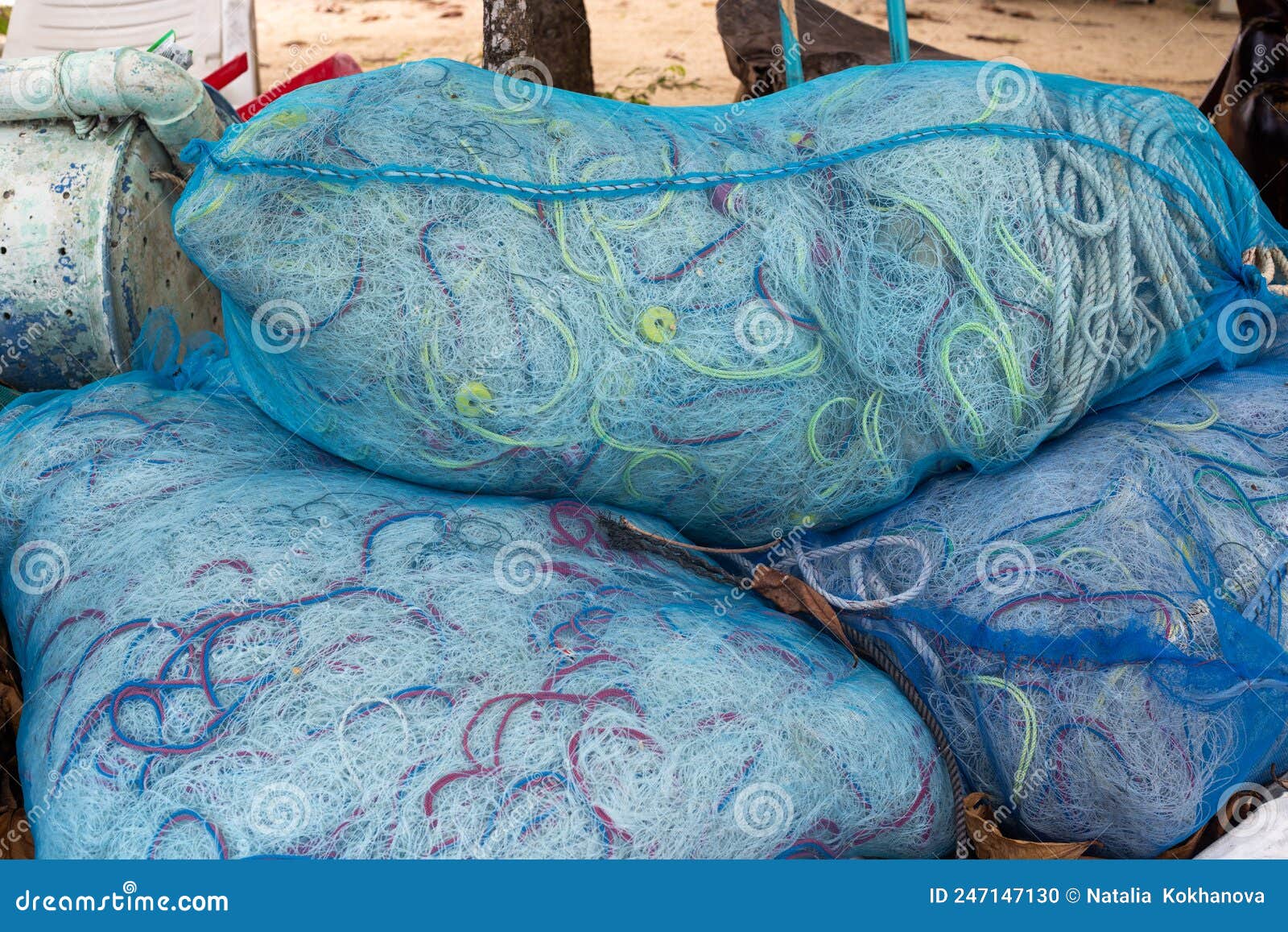 Fishing Nets Rolled Up and Packed in Transparent Bags. Fishing in Asian ...