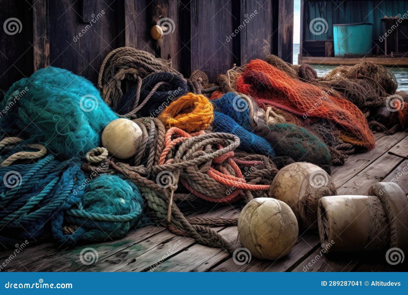 Fishing Nets and Ropes Coiled on Dock, Ready for Use Stock Image ...