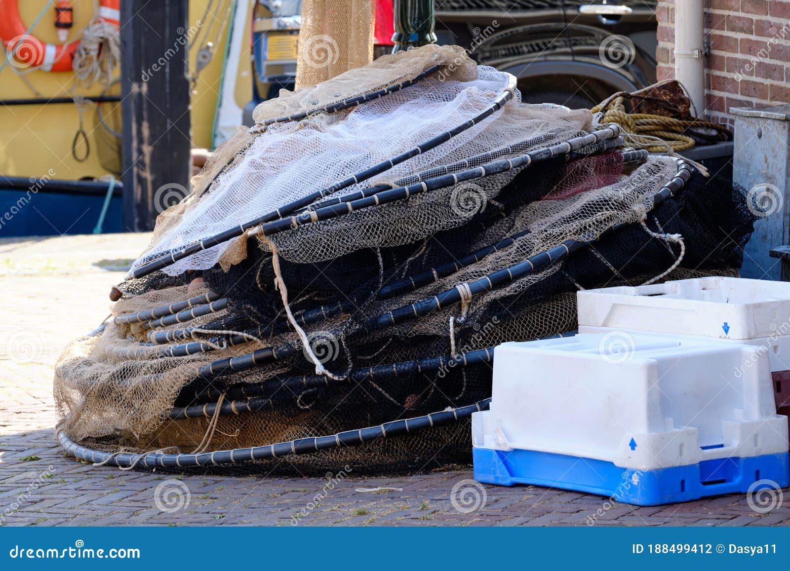 Fishing Nets Stored in Bundles, Stacked Outdoors on the Floor, White ...