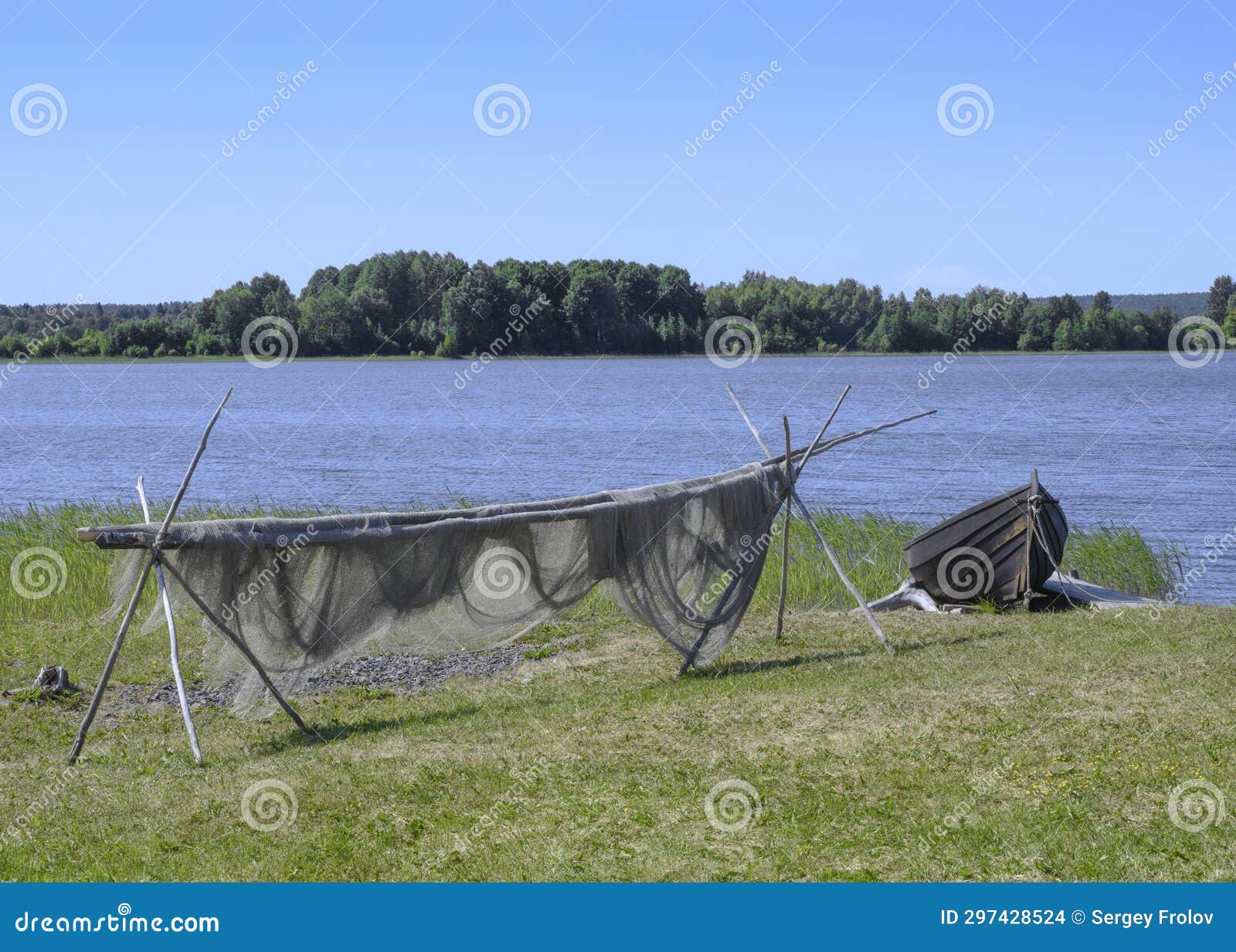Fishing Nets and a Wooden Boat on the Lake Shore Stock Photo - Image of ...