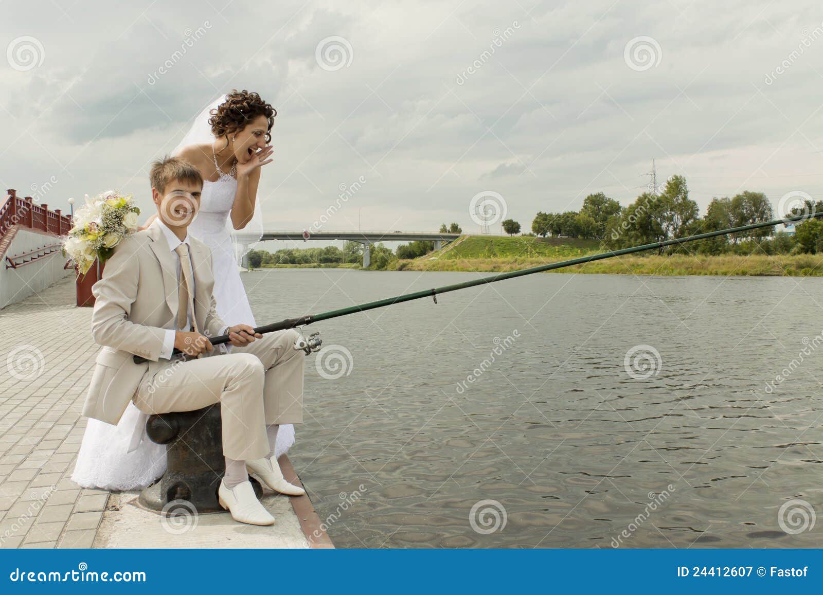 Fishing of a Newly-married Couple Stock Image - Image of groom, bouquet ...