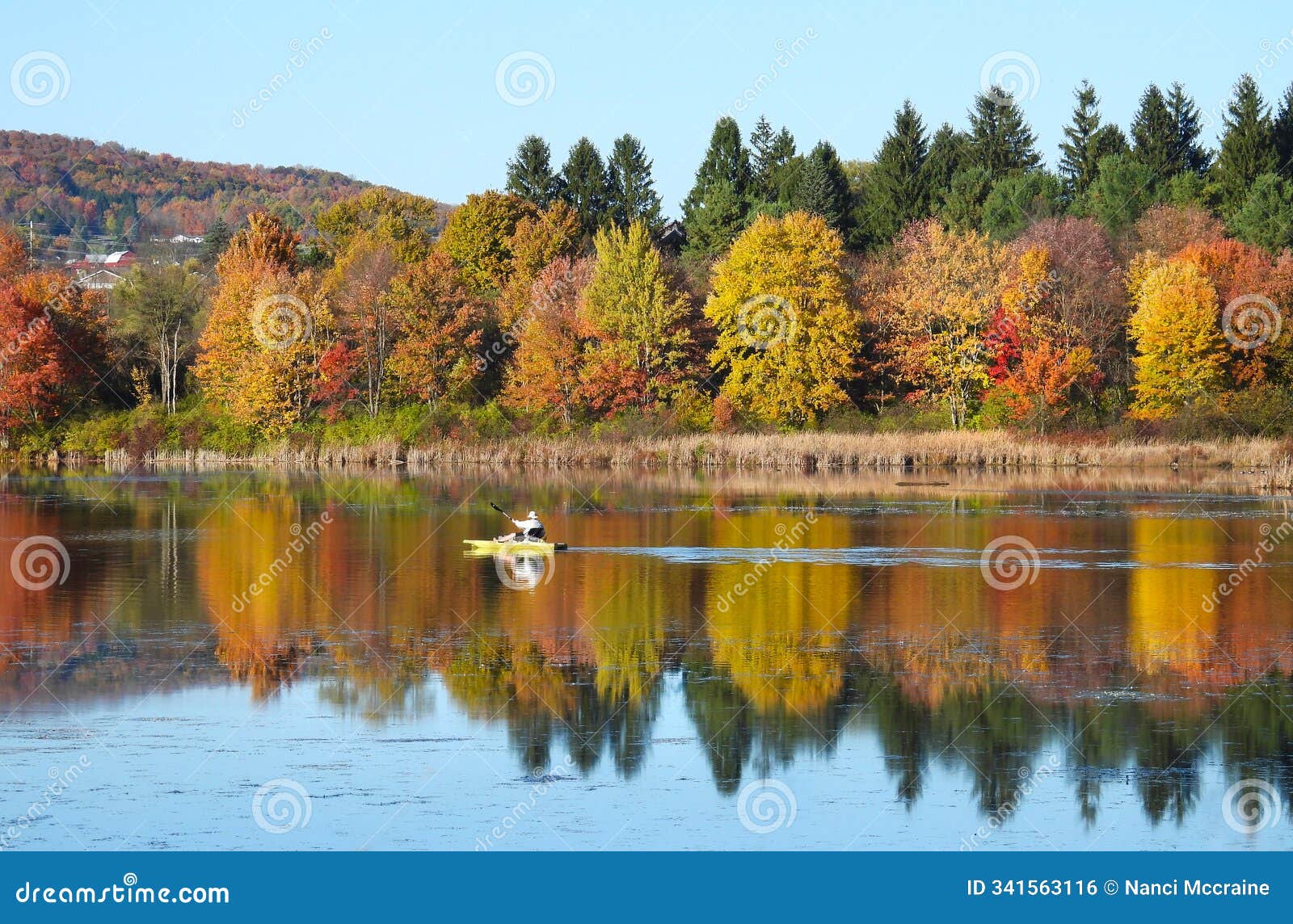 Fishing in October among Fall Foliage Pond Reflections Editorial Photo ...