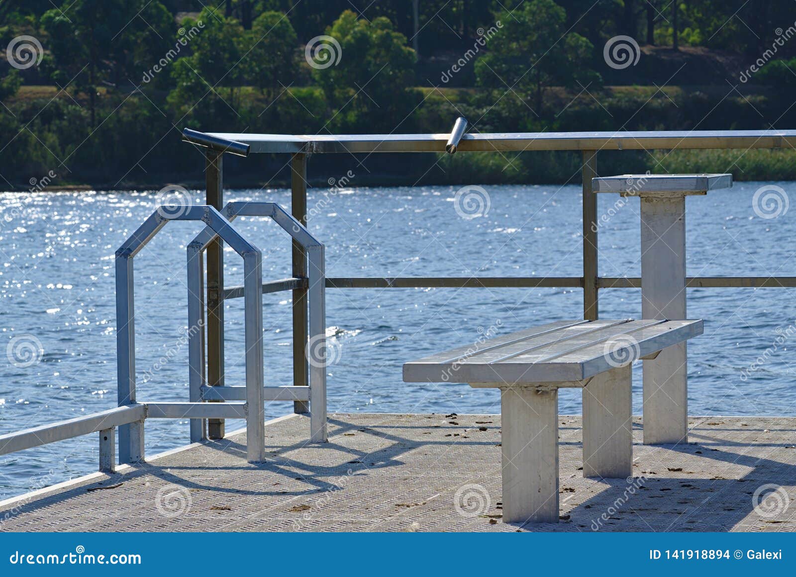Fishing Pier with Empty Bench Stock Photo - Image of architecture ...
