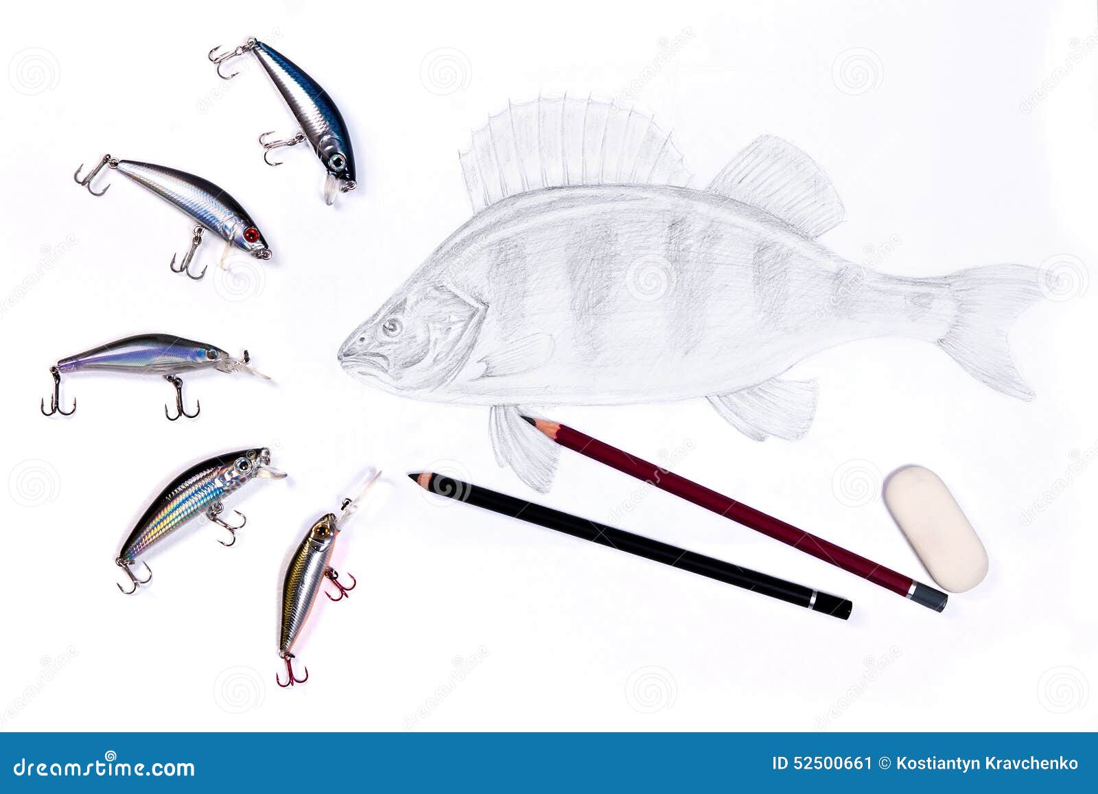 Fishing Plastic Baits with Drawing Fish. Graphite Pencils and Er Stock ...