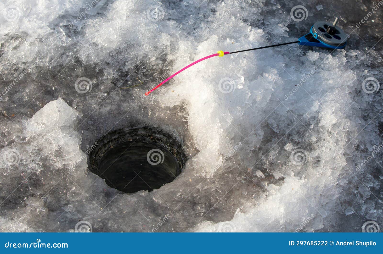 Fishing Rod on Ice in Winter. Ice Fishing Stock Photo - Image of ...