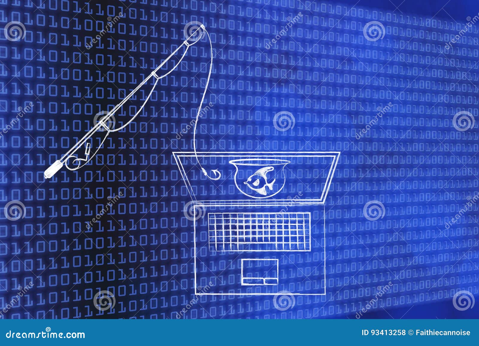 Fishing Rod Next To Laptop Screen with Fish in a Bowl, Phishing Stock ...
