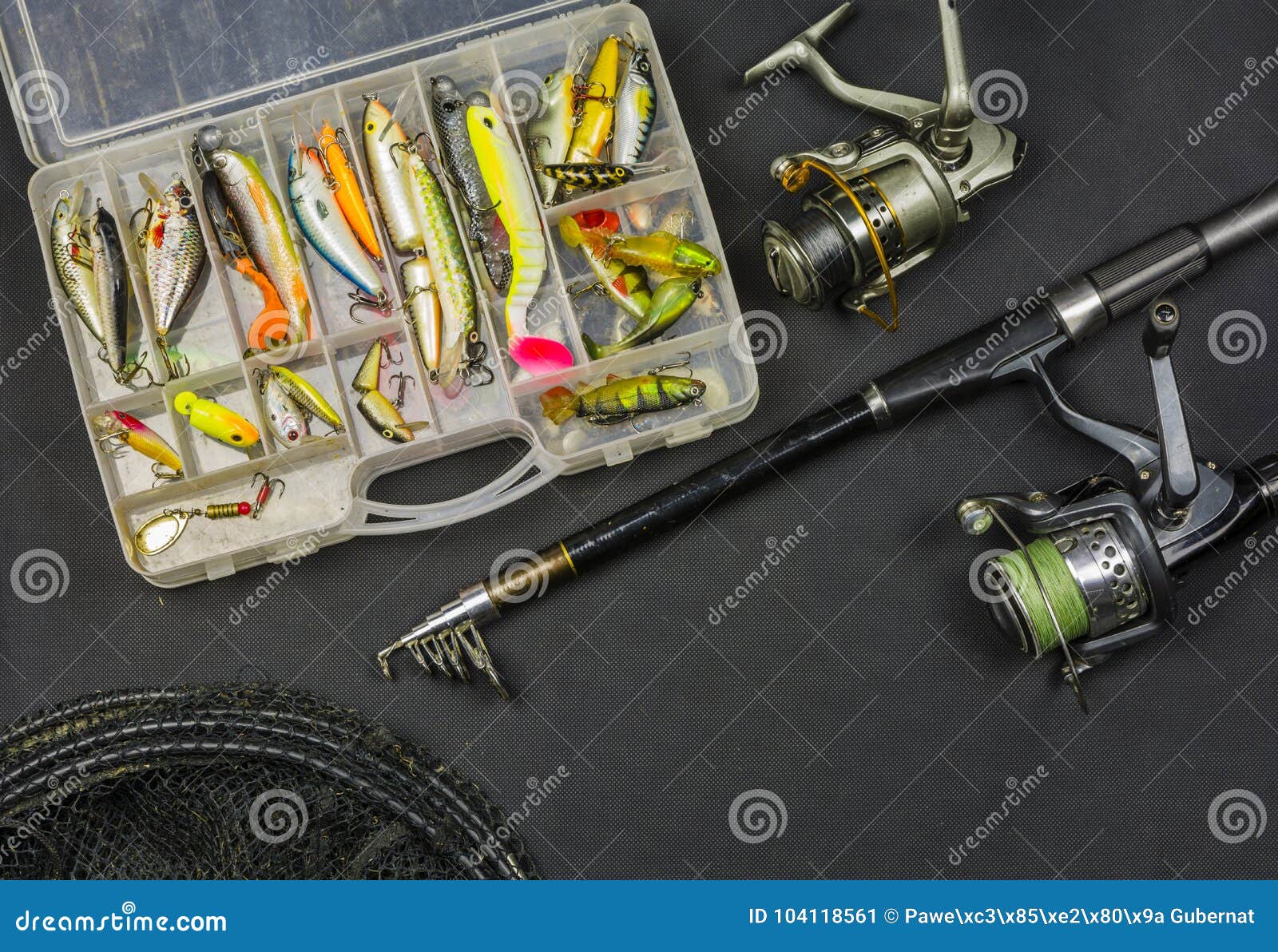 Fishing Rod with Reel, Set of Artificial Baits and Fishing Net. Stock ...