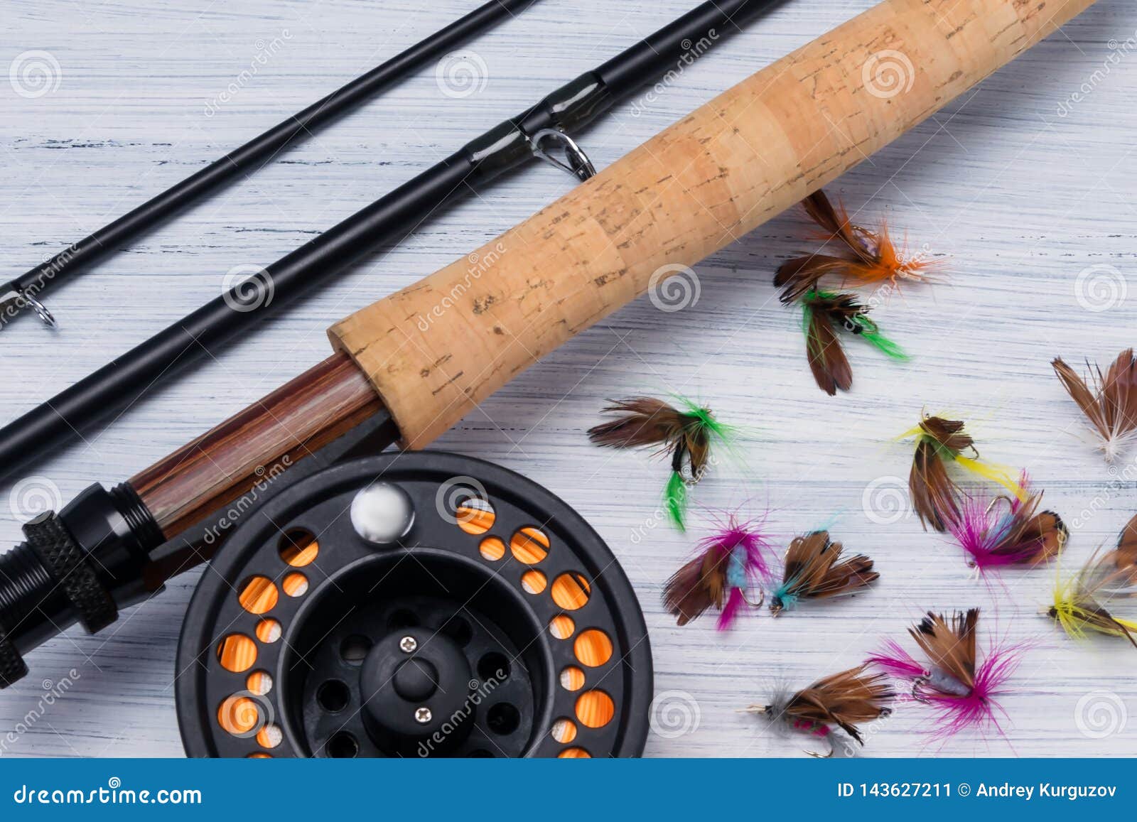 Fishing Rod with Reel and Various Baits for Fishing Close-up Stock ...