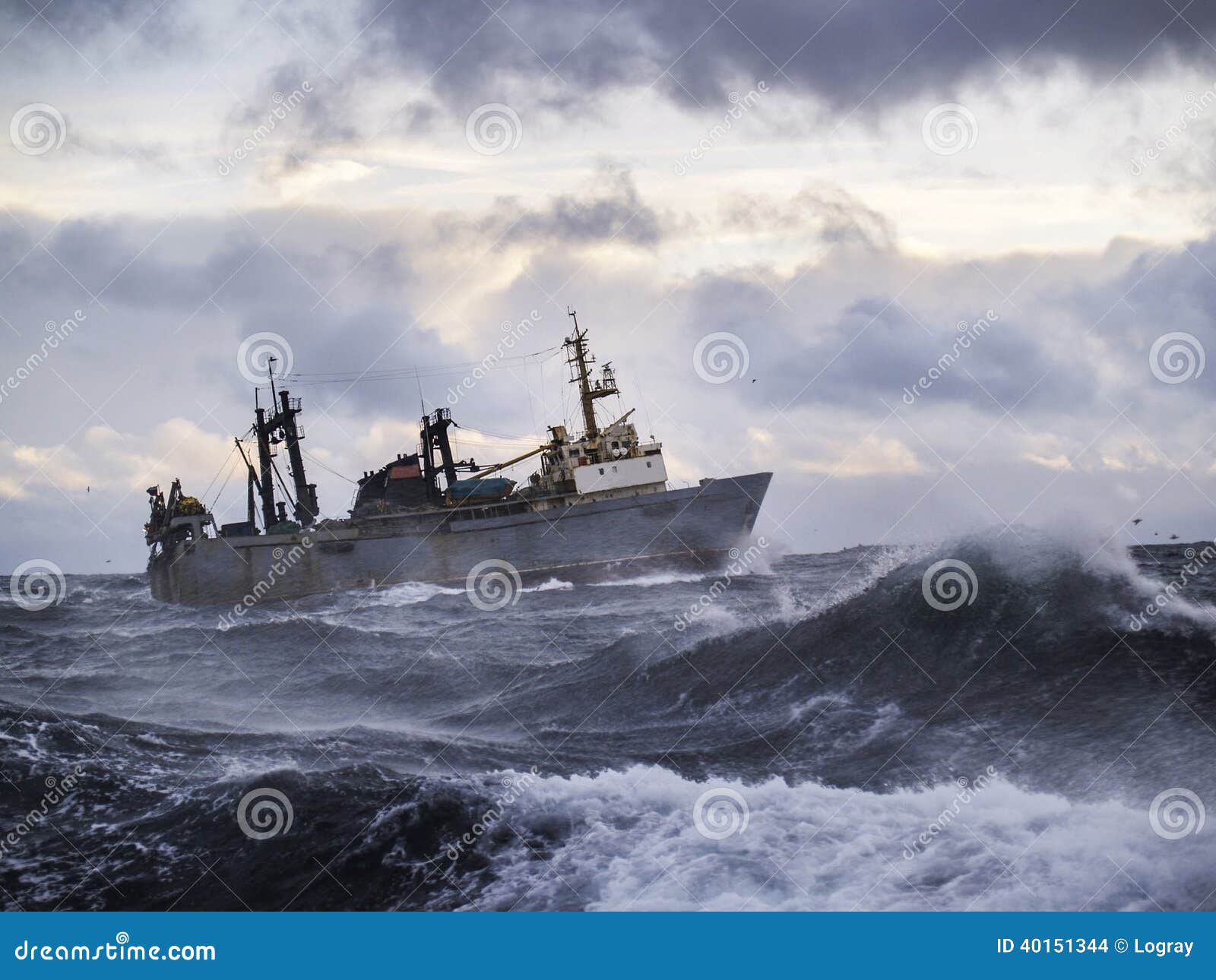 Fishing Ship in Strong Storm. Stock Photo - Image of industry, cloud ...