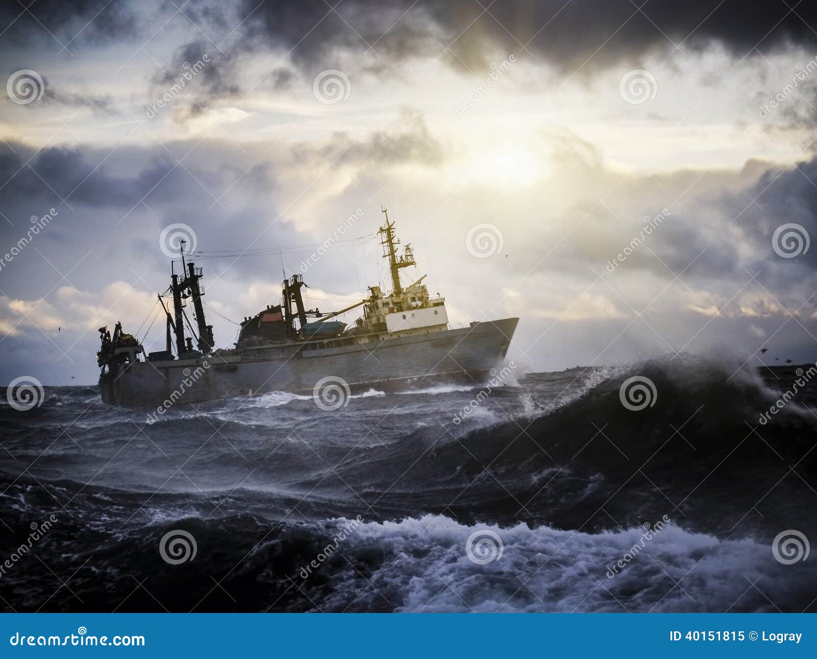Fishing Ship in Strong Storm. Stock Image - Image of blue, fear: 40151815