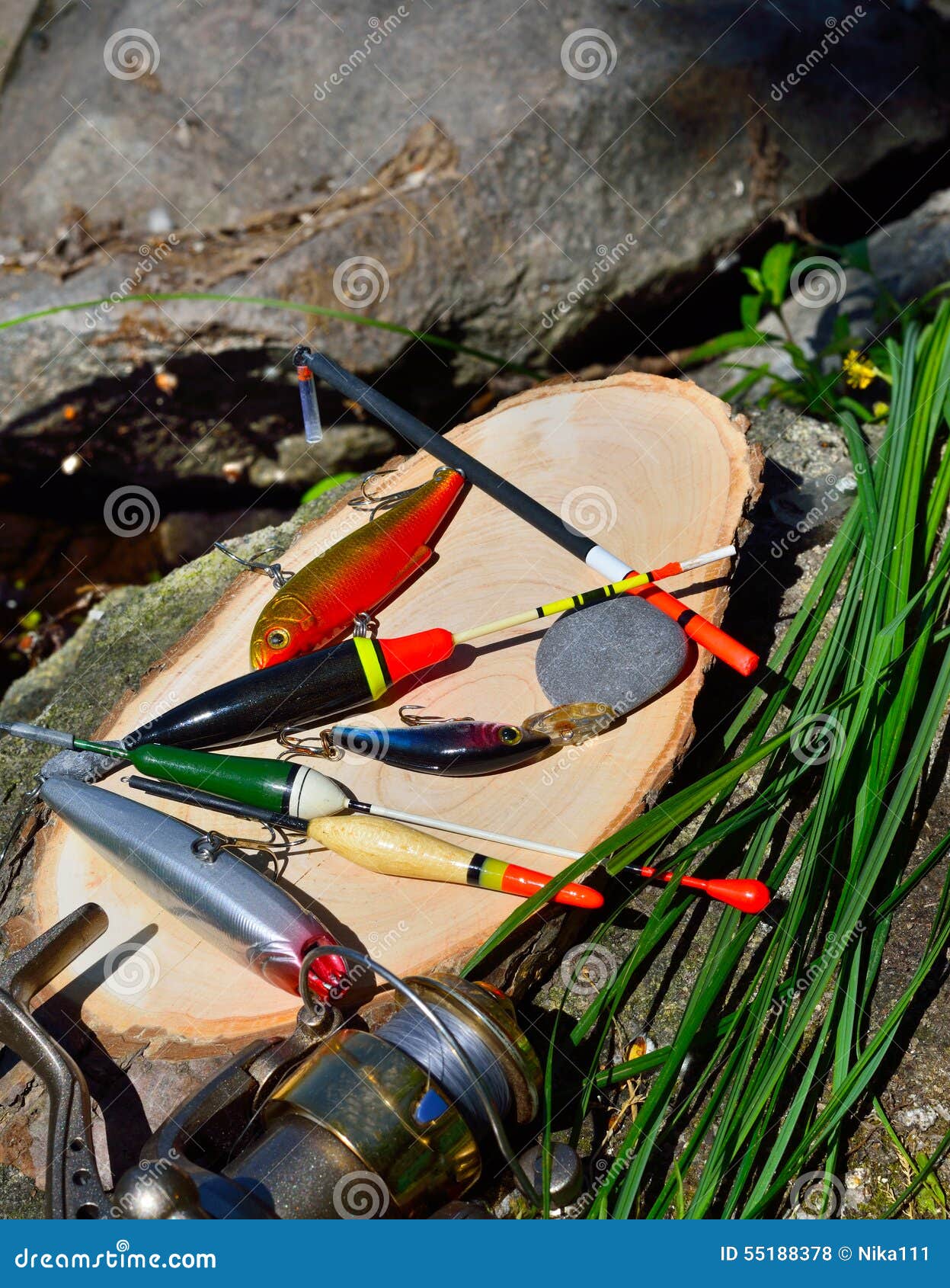Fishing Tackle Against the Backdrop of Stone Stock Photo - Image of ...