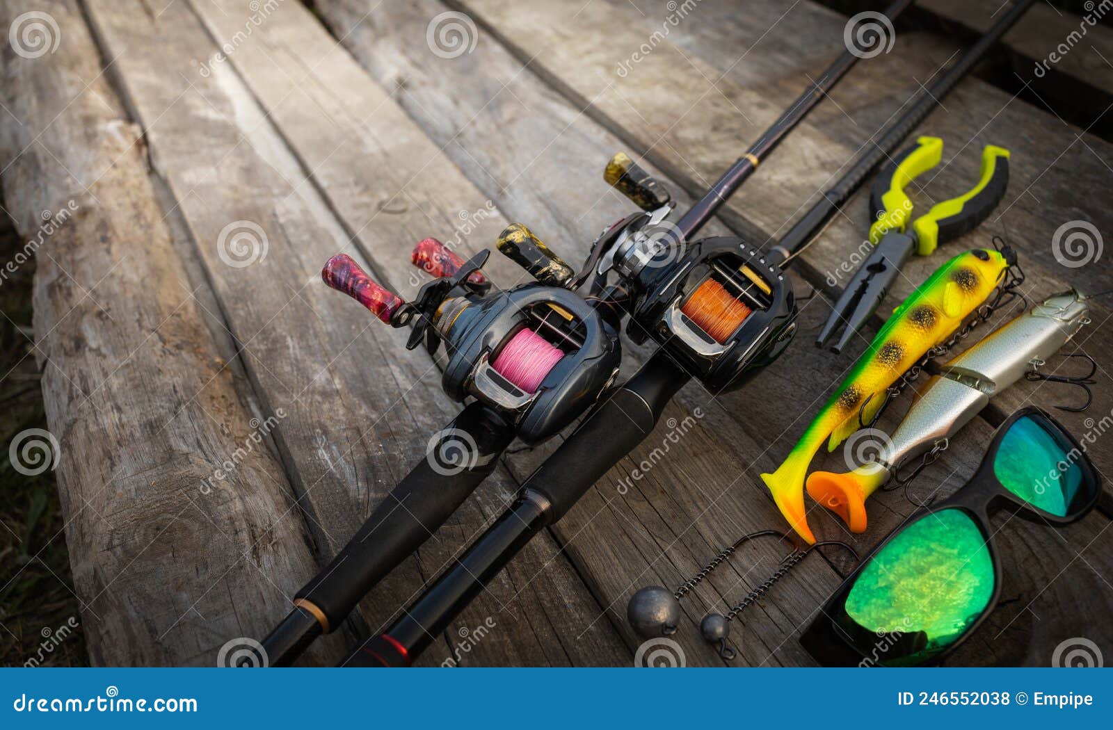 Fishing Tackle Background. Tools for Big Fish Stock Photo - Image of ...
