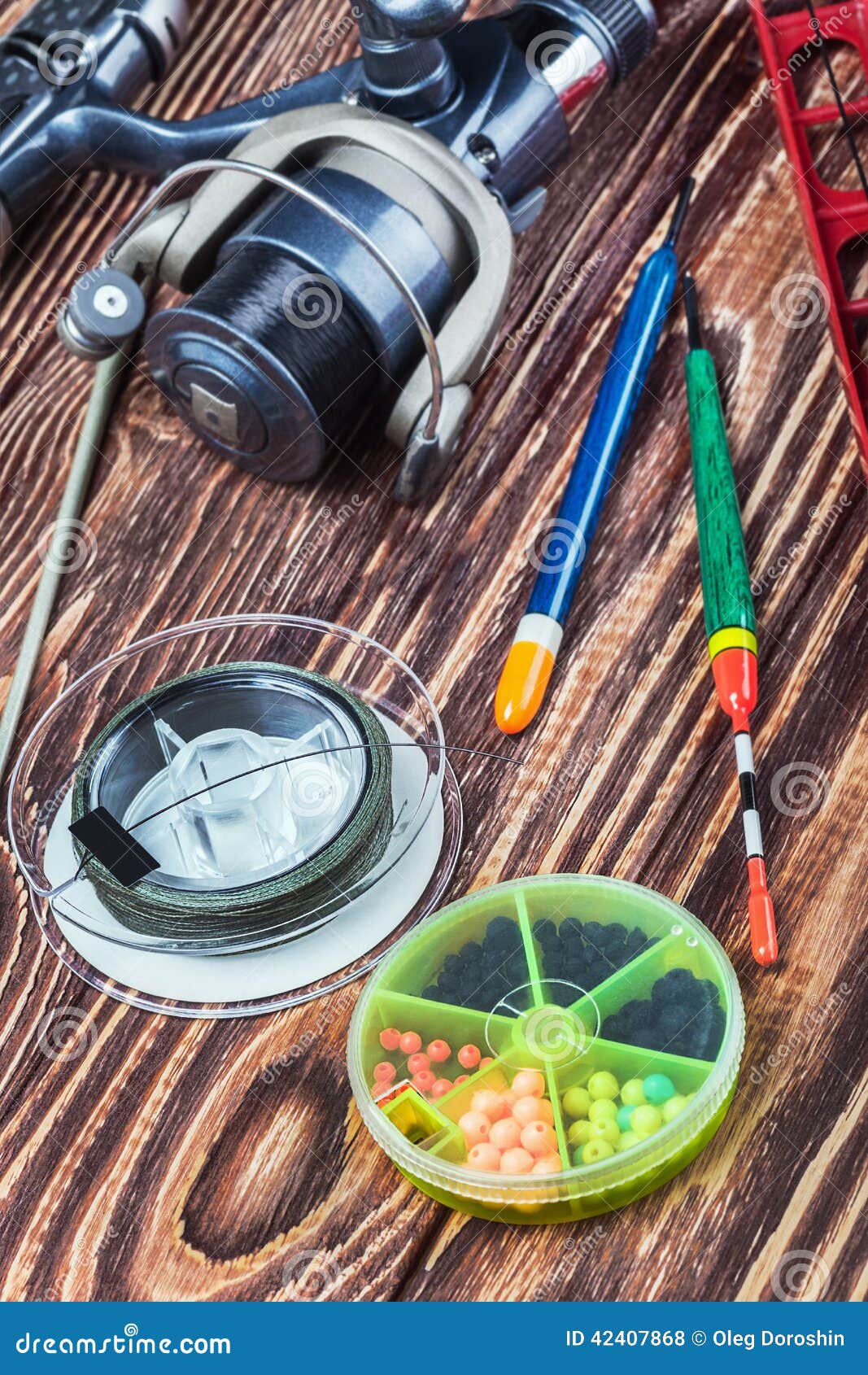 Fishing Tackle on a Wooden Table Stock Photo - Image of fully, macro ...