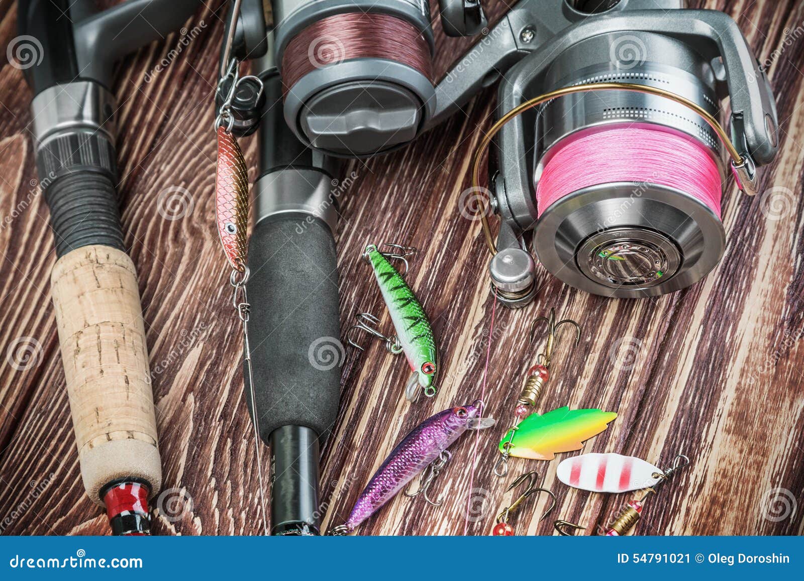 Fishing Tackle on a Wooden Table Stock Image - Image of buzz, stocked ...
