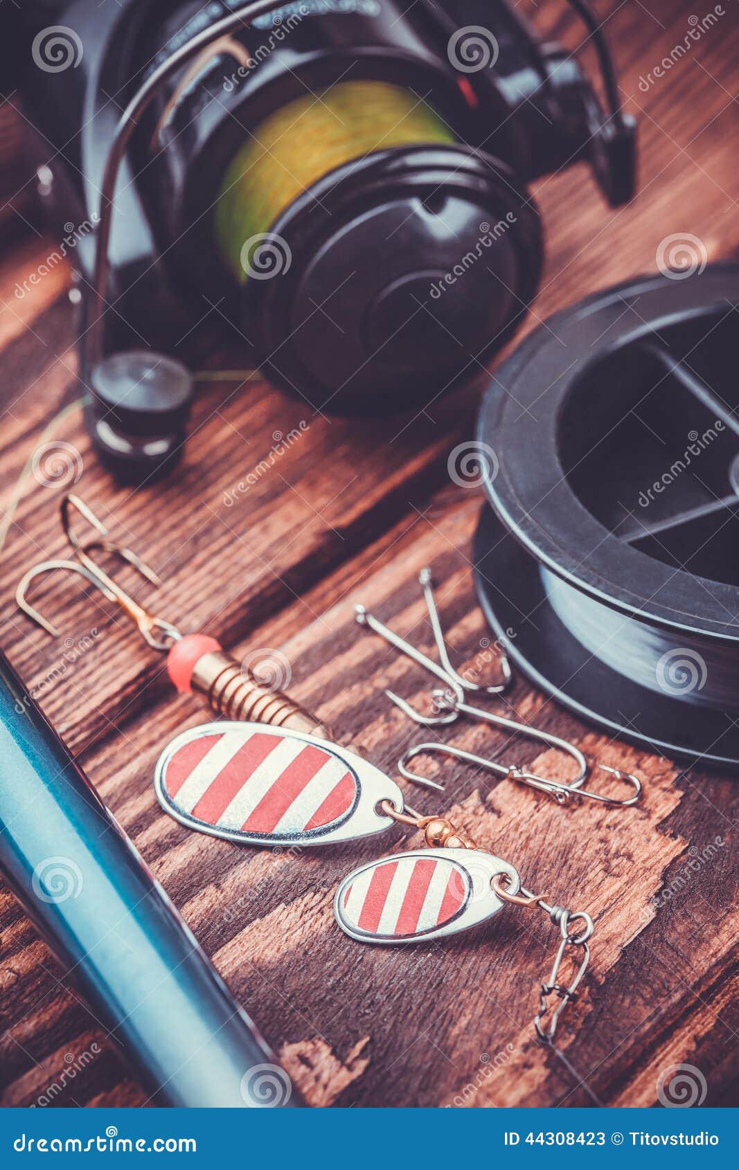 Fishing Tackle on a Wooden Table Stock Image - Image of fishing ...