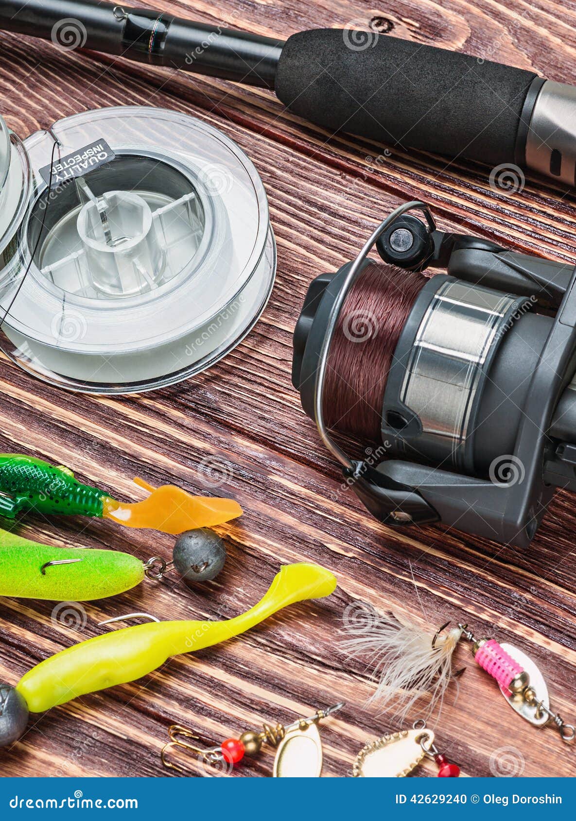 Fishing Tackle on a Wooden Table Stock Photo - Image of buzz, angling ...