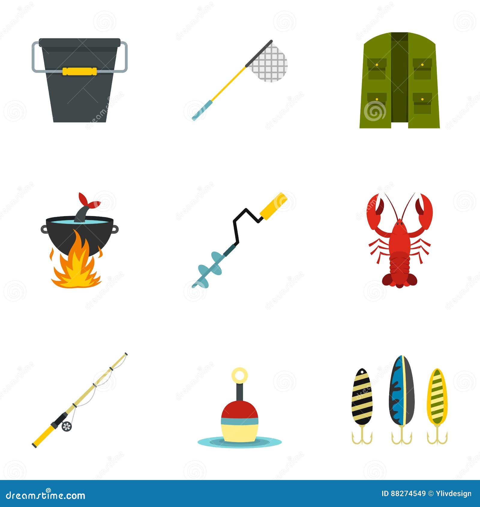 Fishing Tackles Icons Set, Flat Style Stock Vector - Illustration of ...