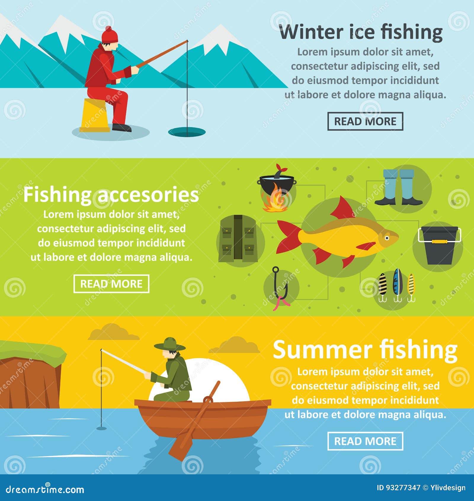 Fishing Tools Banner Horizontal Set, Flat Style Stock Vector ...