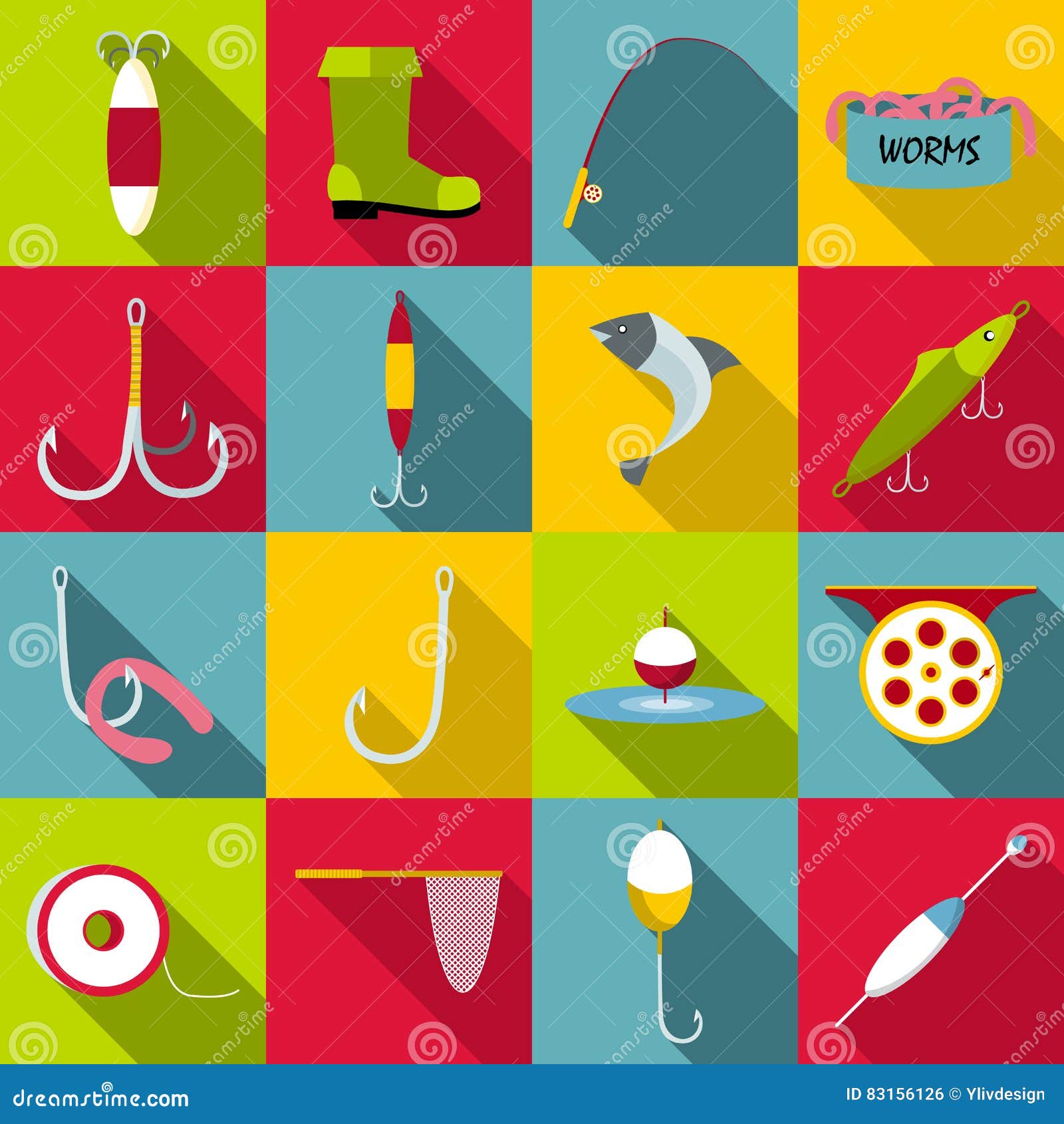 Fishing Tools Items Icons Set, Flat Style Stock Vector - Illustration ...