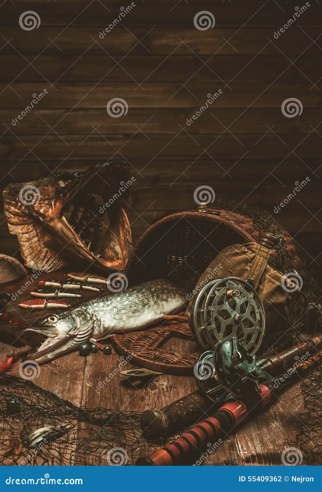 Fishing Tools on a Wooden Table Stock Photo - Image of catch, sinker ...