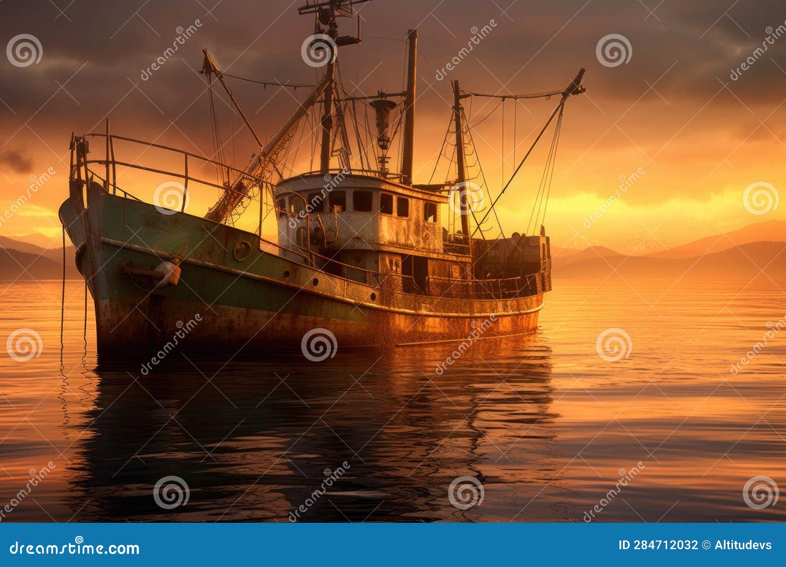 Fishing Trawler Illuminated by the Last Rays of Sunlight Stock Photo ...