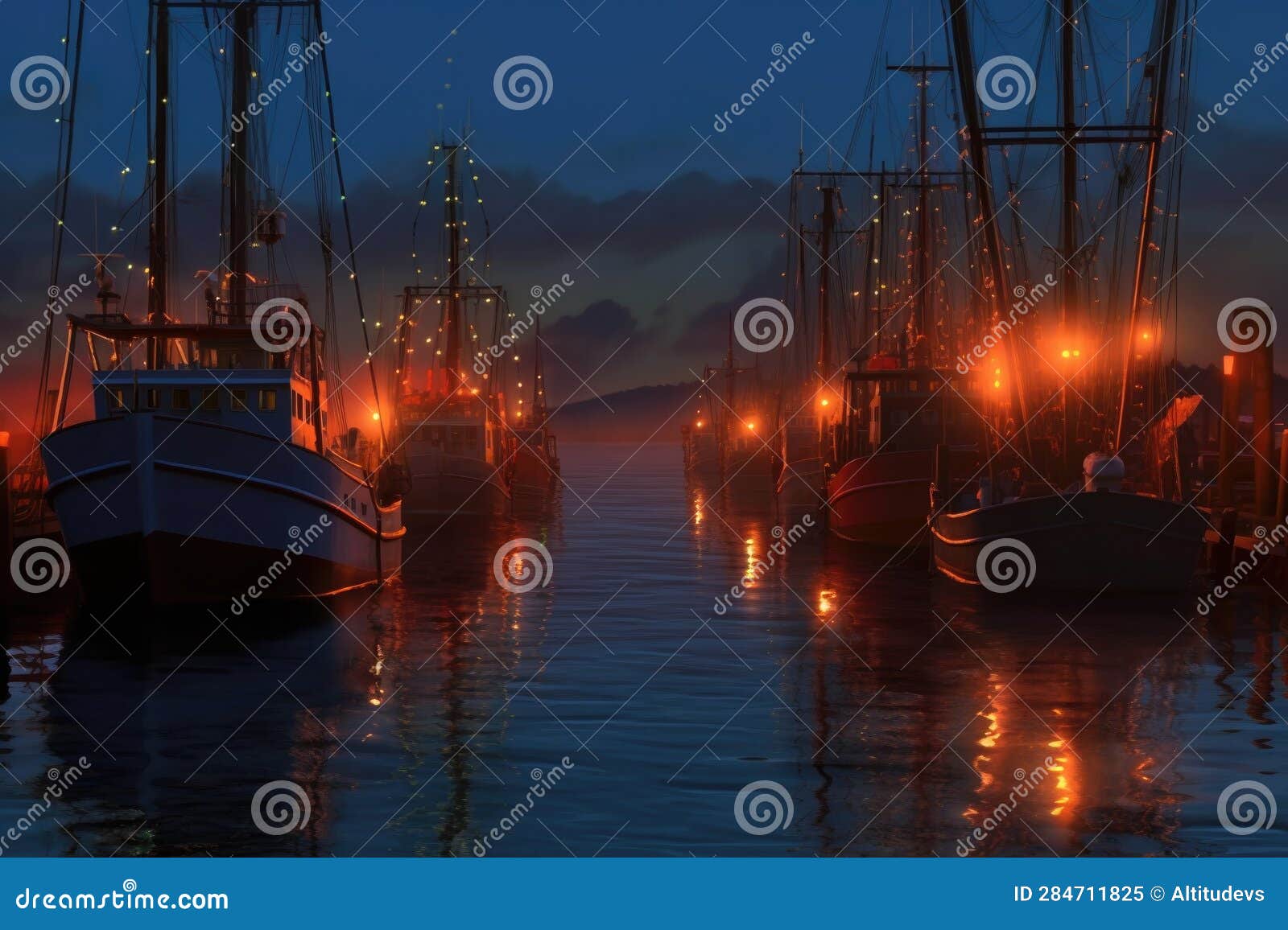 Fishing Trawlers Navigation Lights Glowing In Twilight Royalty-Free ...