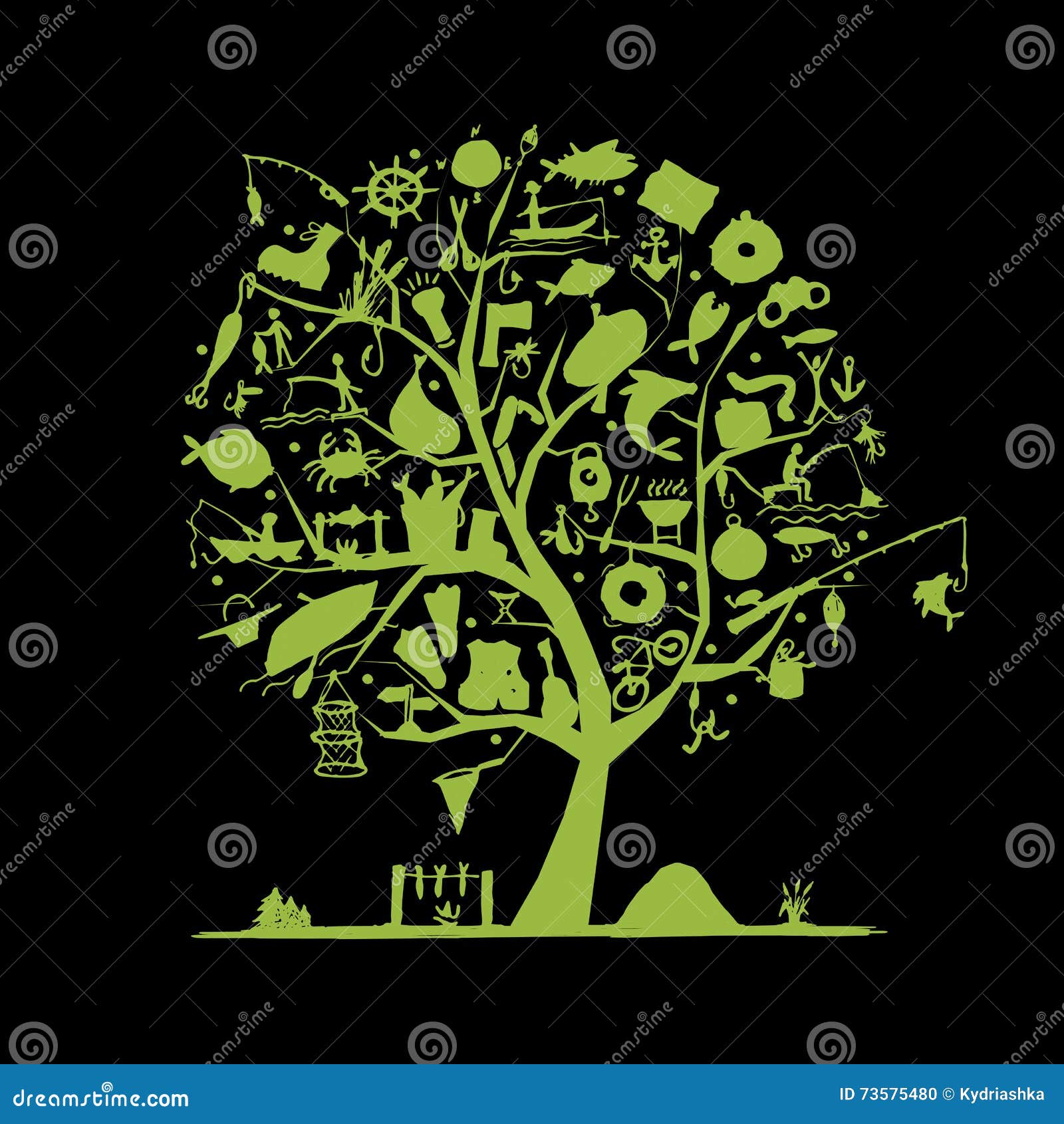 Fishing Tree Concept, Sketch for Your Design Stock Vector ...